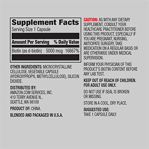 Amazon Elements Vegan Biotin 5000 mcg - Hair, Skin, Nails - 130 Capsules (4 month supply) (Packaging may vary)