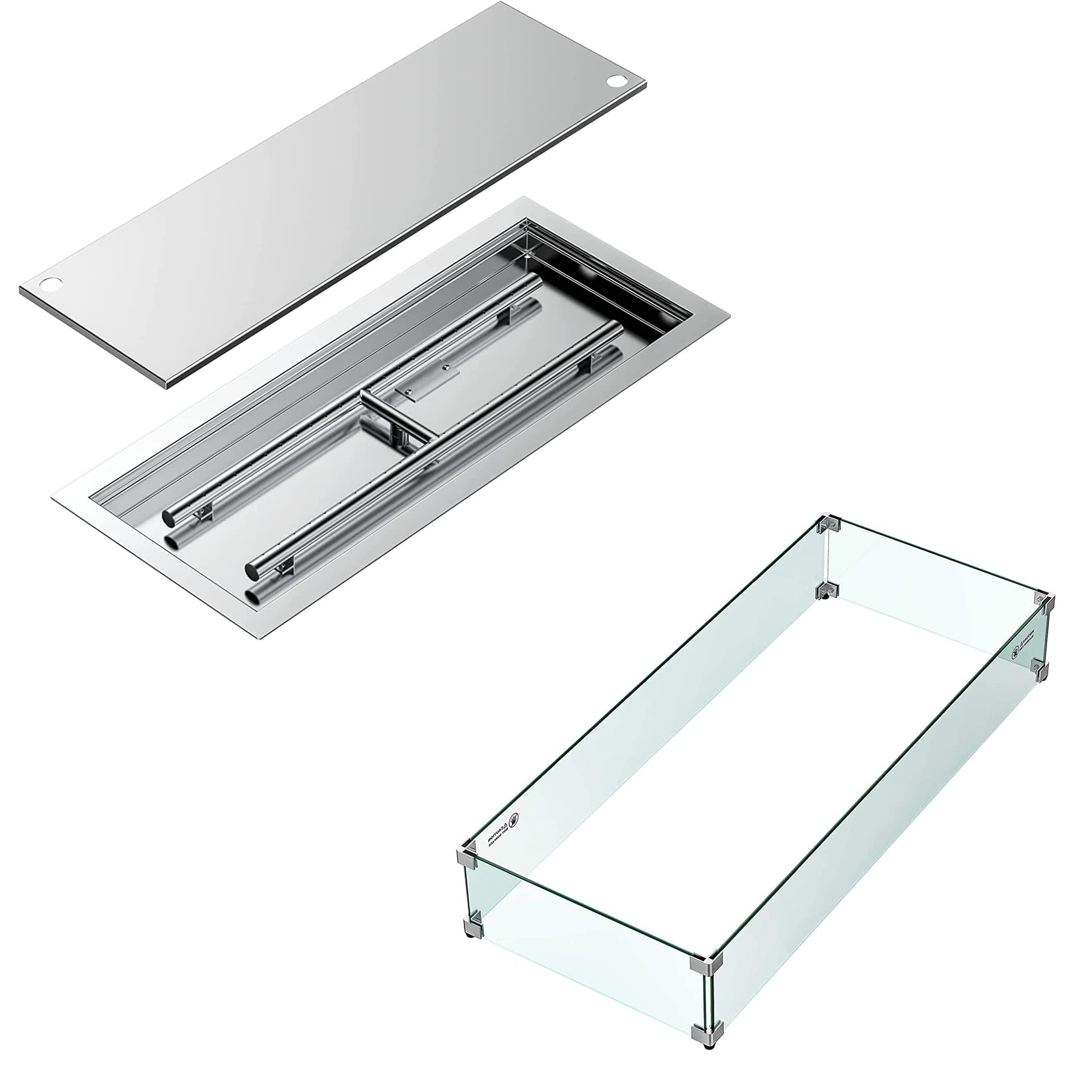 Skyflame Rectangular Stainless Steel Drop-in Fire Pit Pan and Burner with Burner Cover, Include 42" X 18" Fire Pit Glass Wind Guard