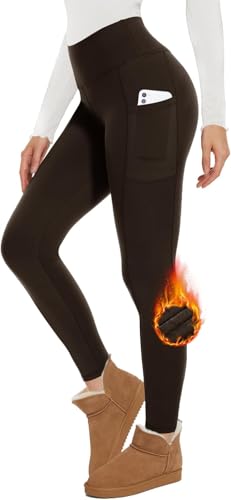 GAYHAY Fleece Lined Leggings Women with Pockets - Thermal High Waisted Winter Yoga Pants Warm Thick Leggings for Workout Dark Brown
