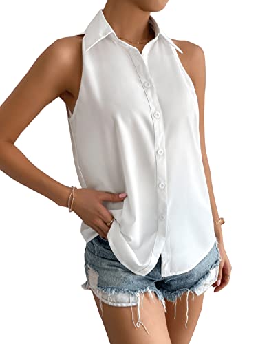 Verdusa Women's Casual Sleeveless Collar Button Down Shirt Blouse Top White S