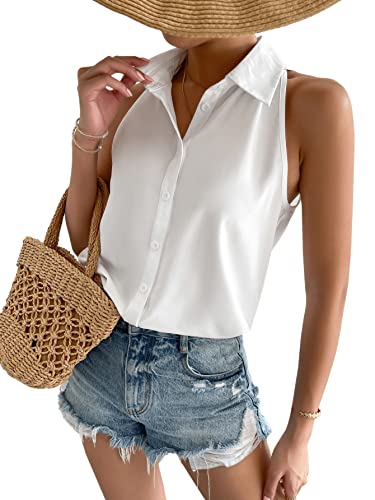 Verdusa Women's Casual Sleeveless Collar Button Down Shirt Blouse Top White S