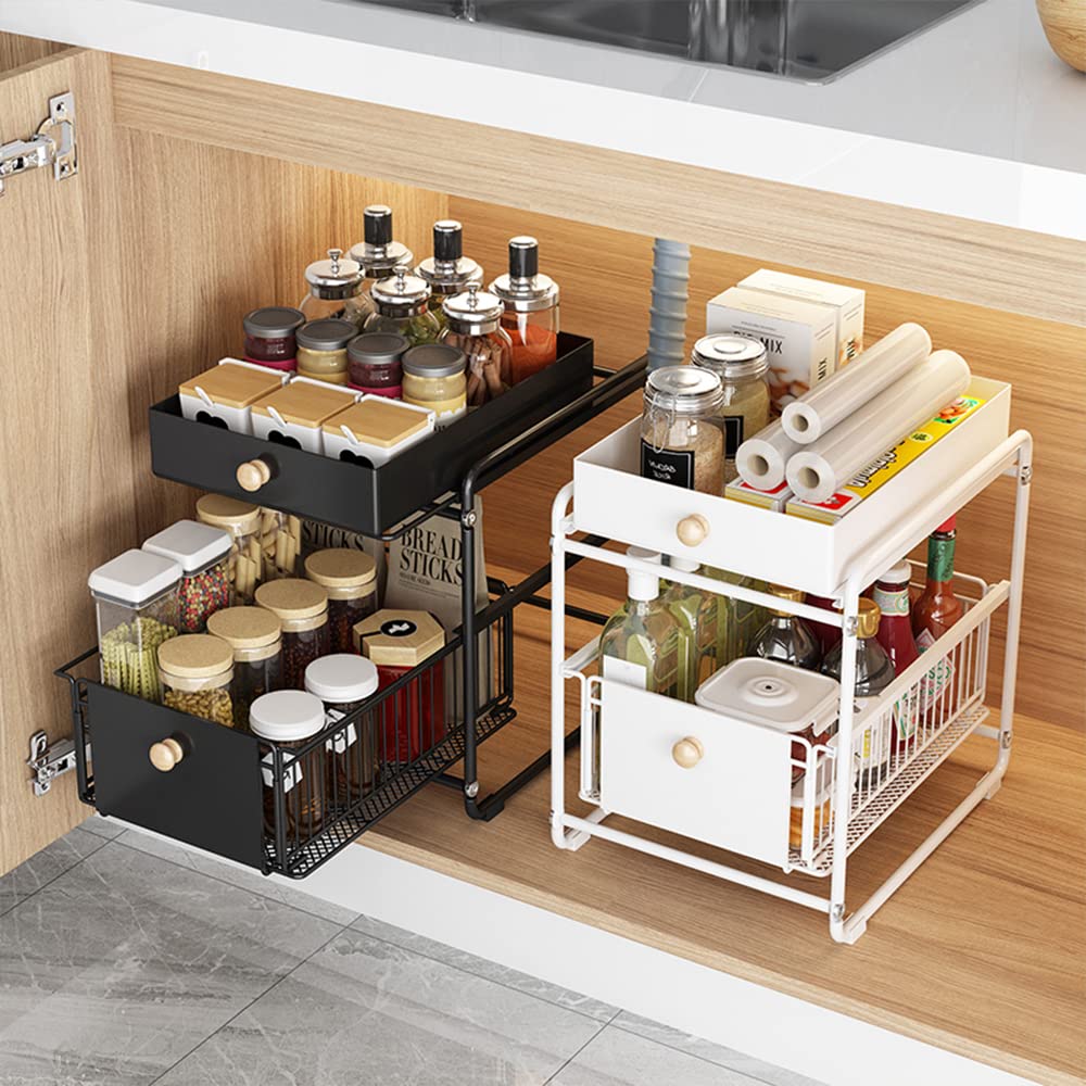 Under Sink Organizer and Storage, 2-Tier Cabinet Organizer with Sliding Baskets Drawer, Bathroom Countertop Storage Shelf Kitchen Under Sink Storage Rack (White)