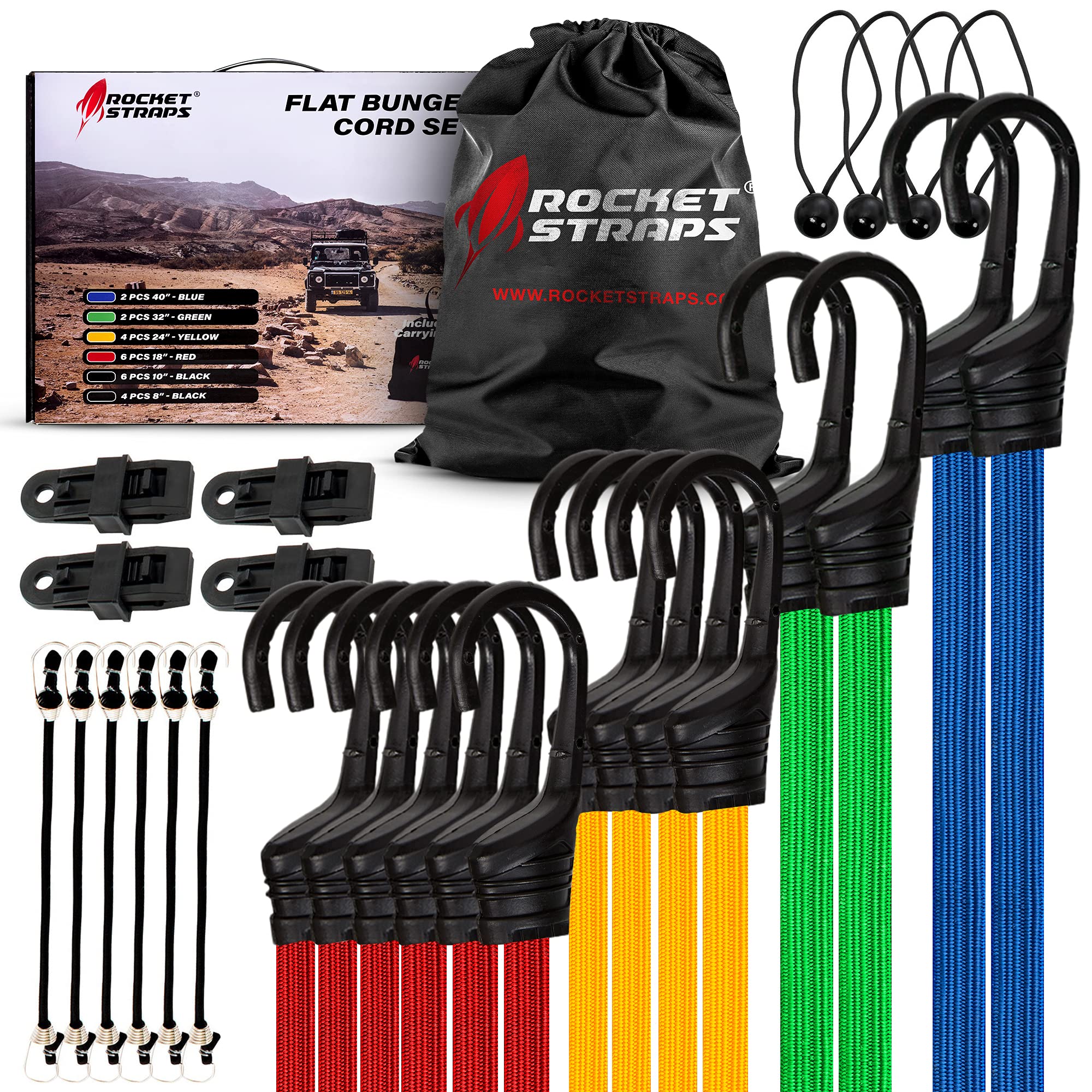 Rocket Straps - Ultimate Flat Outdoor Bungee Cord Assortment - Heavy Duty Set of 28 Bungee Cords (18",24",32",40"), with Hooks - Elastic Straps for Camping, Securing, and DIY