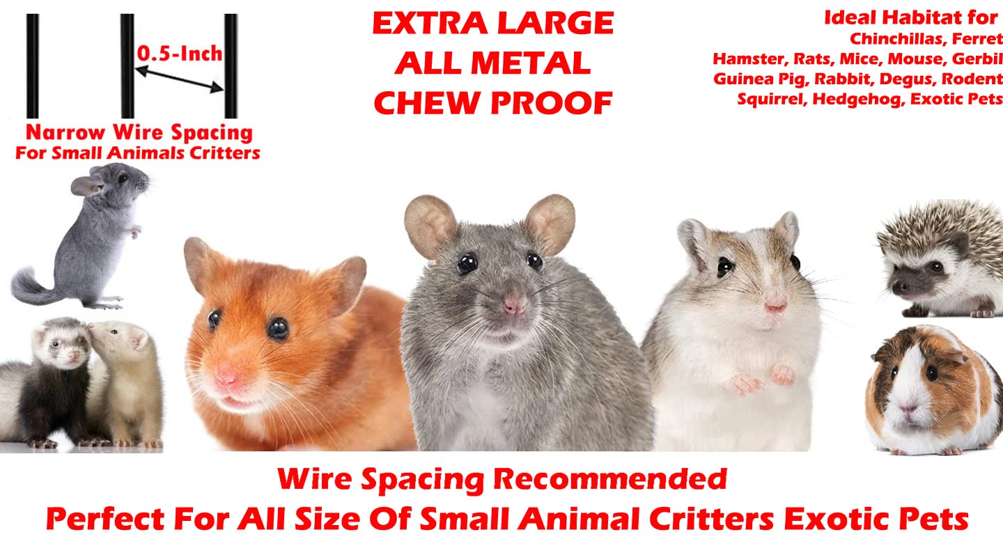 54" Large Double 3-Levels Small Animals Critters Wrought Iron Chew Proof Cage Center Slide Out Divider Tight 1/2-inch Bar Spacing Removable Rolling Stand Ferret Squirrel Chinchilla Rat Mouse