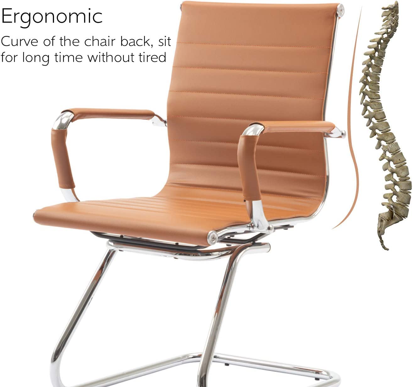 Guyou Office Reception Guest Chairs Set of 6 Mid Back PU Leather Metal Leg Sled Base Conference Reception Room Chairs with Arms (Sandy Brown, 6 PCS)