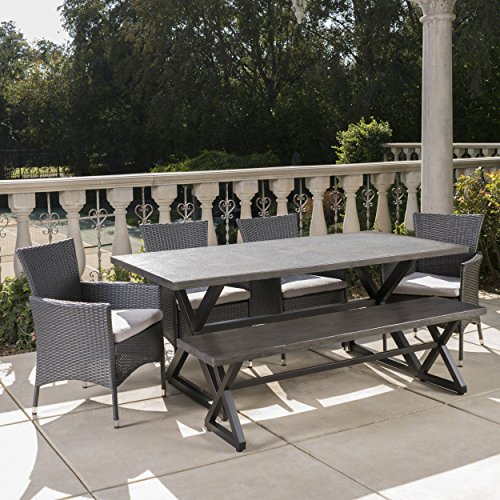 Christopher Knight Home Owenburg Outdoor Aluminum Dining Set with Bench and Wicker Dining Chairs, 6-Pcs Set, Grey / Black / Silver