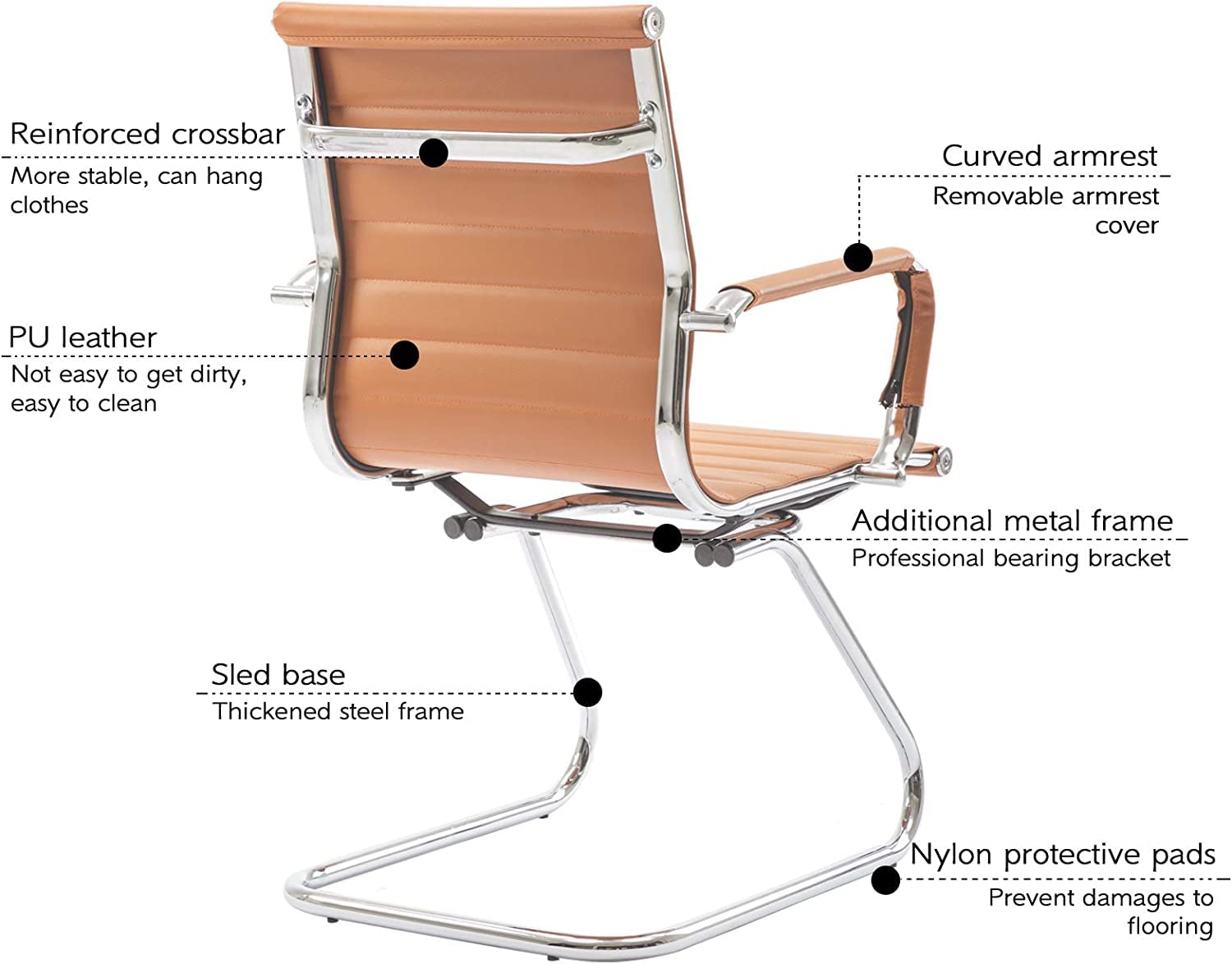 Guyou Office Reception Guest Chairs Set of 6 Mid Back PU Leather Metal Leg Sled Base Conference Reception Room Chairs with Arms (Sandy Brown, 6 PCS)