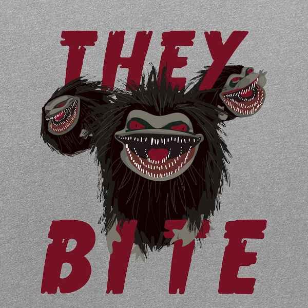 Pop Threads They Bite Crites Horror Graphic 80s Raglan Baseball Tee Shirt Gray Sleeves XL