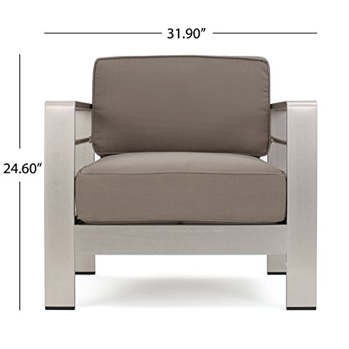 Christopher Knight Home Cape Coral Outdoor Set of Club Chairs with 3 Seater Loveseat and Firepit, 4-Pcs Set, Khaki / Dark Grey