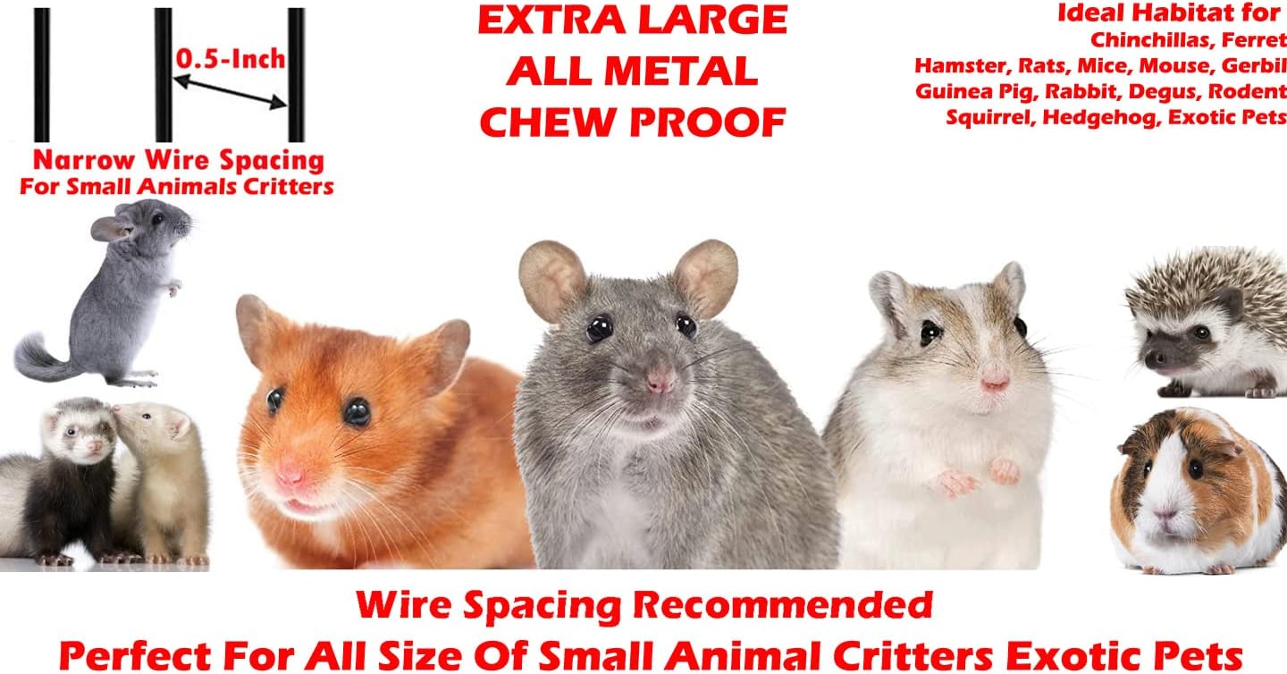 54" Large Double 3-Levels Small Animals Critters Wrought Iron Chew Proof Cage Center Slide Out Divider Tight 1/2-inch Bar Spacing Removable Rolling Stand Ferret Squirrel Chinchilla Rat Mouse