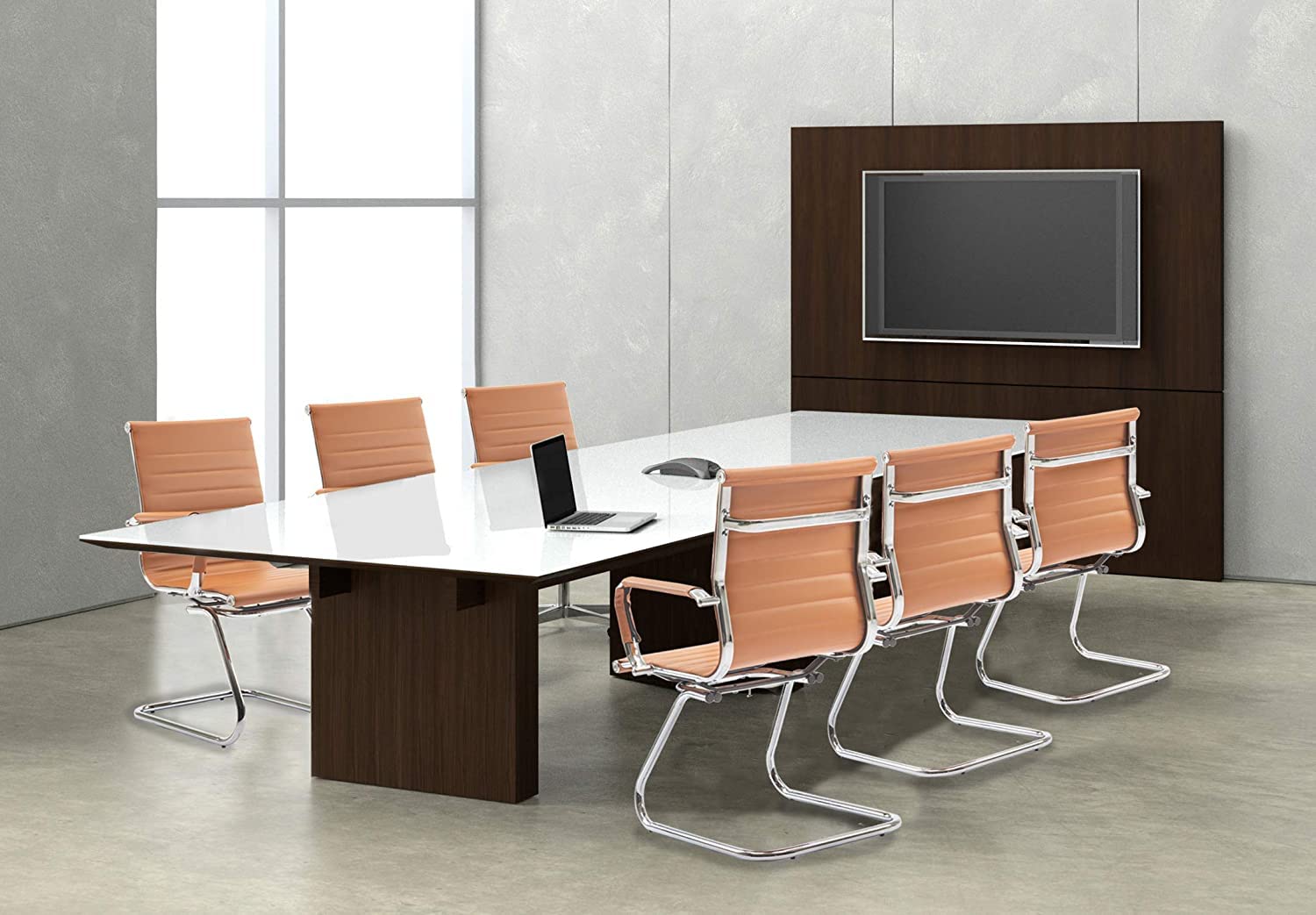 Guyou Office Reception Guest Chairs Set of 6 Mid Back PU Leather Metal Leg Sled Base Conference Reception Room Chairs with Arms (Sandy Brown, 6 PCS)