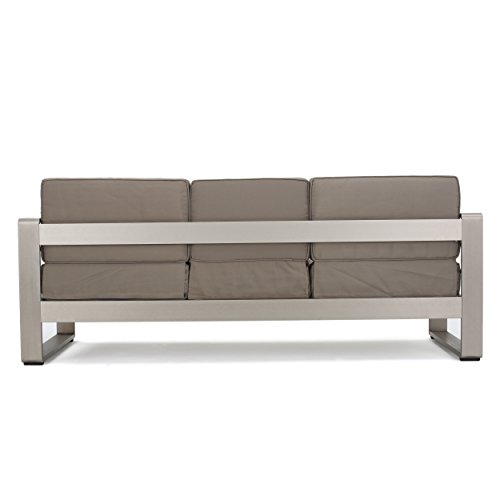 Christopher Knight Home Cape Coral Outdoor Set of Club Chairs with 3 Seater Loveseat and Firepit, 4-Pcs Set, Khaki / Dark Grey