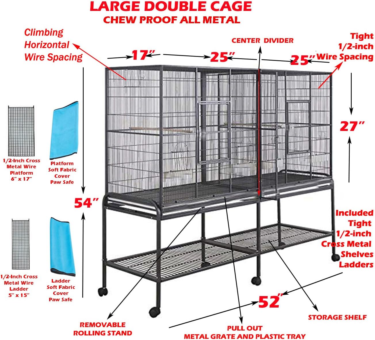54" Large Double 3-Levels Small Animals Critters Wrought Iron Chew Proof Cage Center Slide Out Divider Tight 1/2-inch Bar Spacing Removable Rolling Stand Ferret Squirrel Chinchilla Rat Mouse
