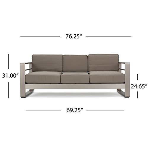 Christopher Knight Home Cape Coral Outdoor Set of Club Chairs with 3 Seater Loveseat and Firepit, 4-Pcs Set, Khaki / Dark Grey