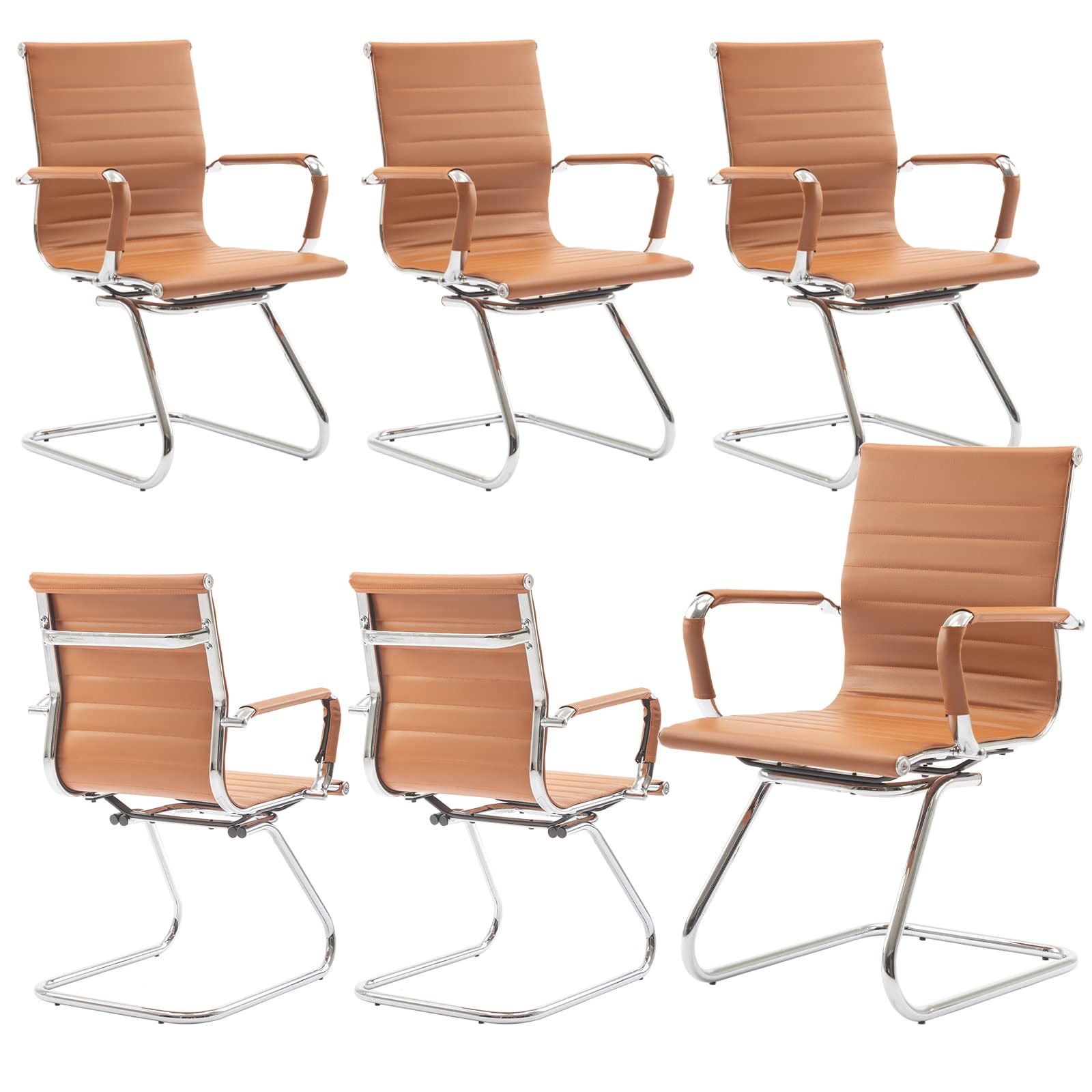 Guyou Office Reception Guest Chairs Set of 6 Mid Back PU Leather Metal Leg Sled Base Conference Reception Room Chairs with Arms (Sandy Brown, 6 PCS)