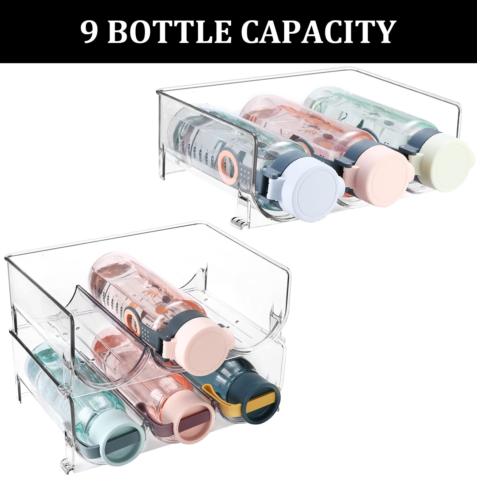 Puricon Plastic Water Bottle Organizer Rack, Stackable Bin Holder for Insulated Tumbler Sports Flask Bottles Kids Water Bottle Travel Mug for Kitchen Cabinets Countertop Holds 9 Bottles, 3-Tier