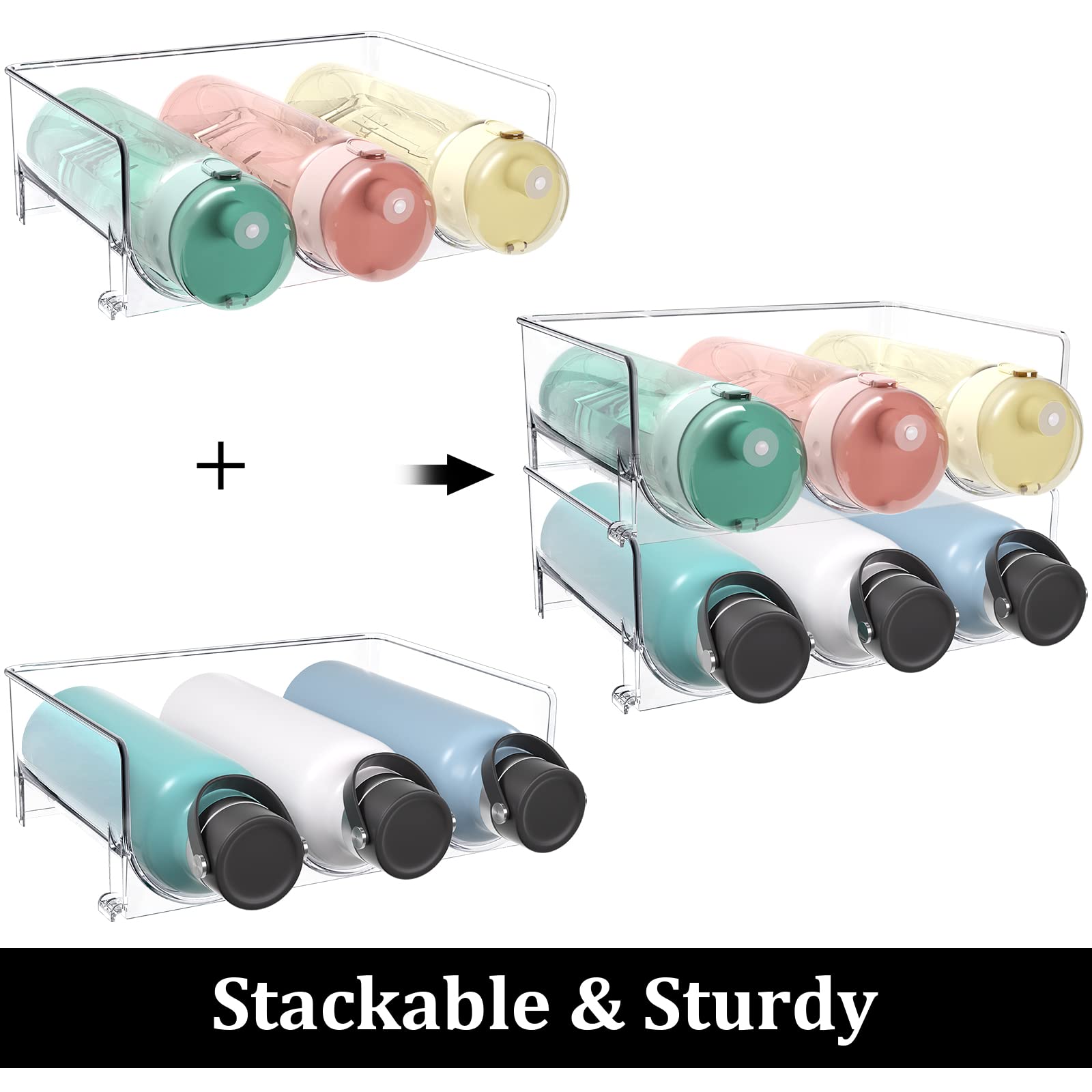 Puricon Plastic Water Bottle Organizer Rack, Stackable Bin Holder for Insulated Tumbler Sports Flask Bottles Kids Water Bottle Travel Mug for Kitchen Cabinets Countertop Holds 9 Bottles, 3-Tier