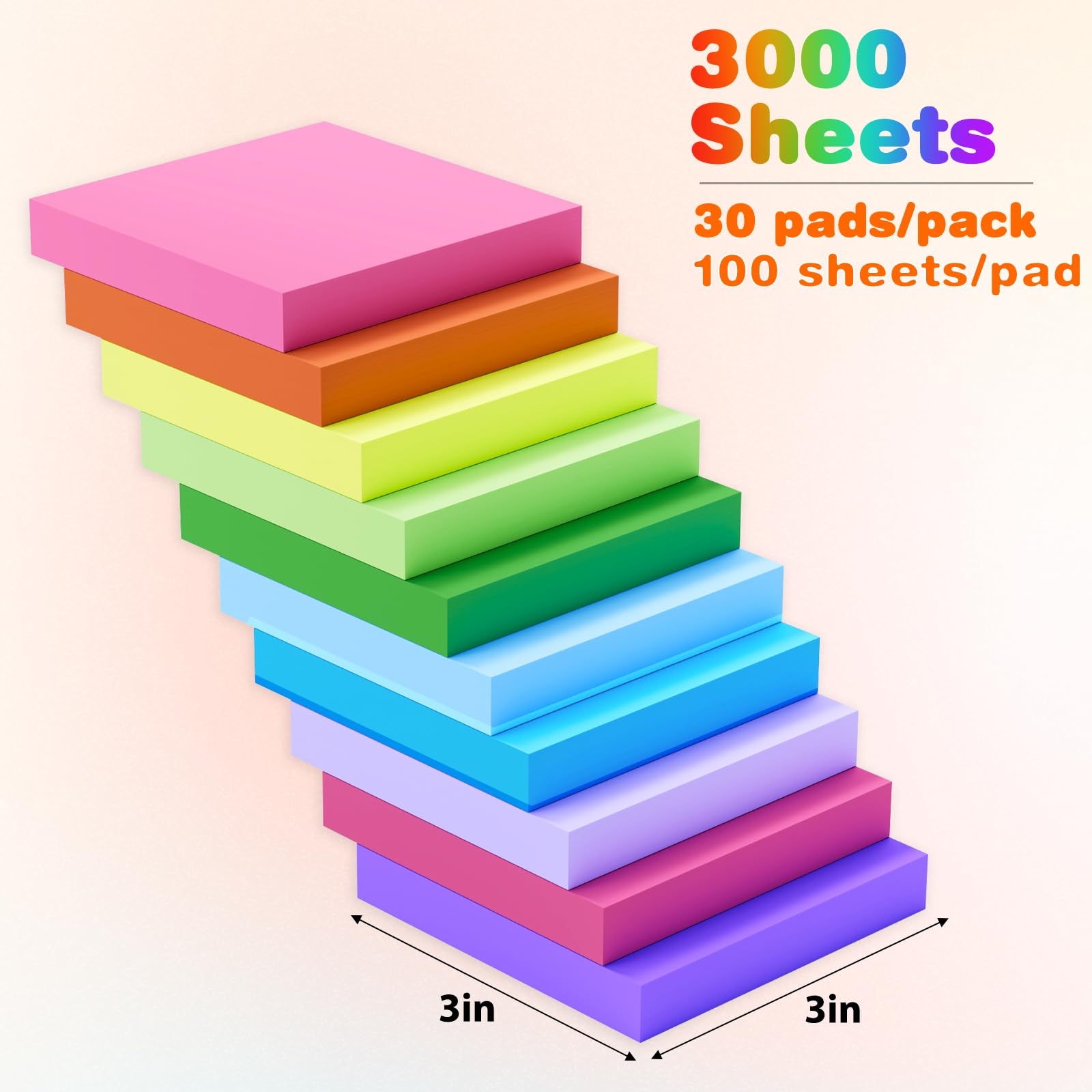 Sticky Notes 3x3 Inch, Bright Colors Self-Stick Pads 30 Pads/Pack 100 Sheets/Pad Total 3000 Sheets, Easy to Used for Home Office Notebook