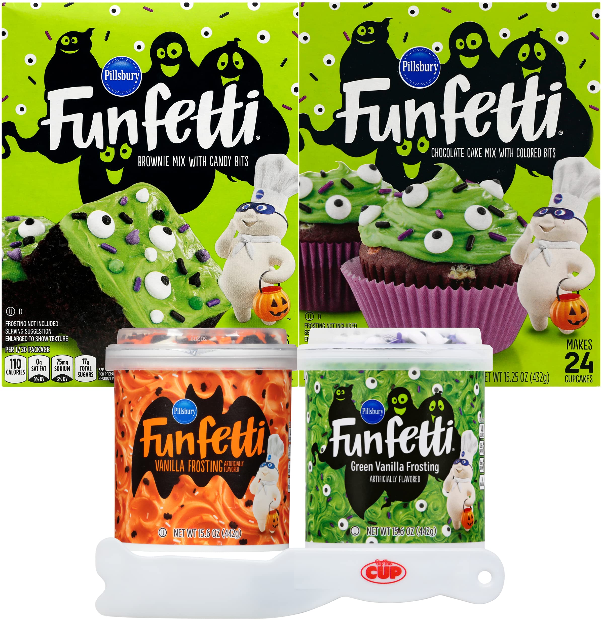 Pillsbury Funfetti Halloween Bundle, 1 of each Chocolate Slime Cake Mix, Slime Brownie Mix, Green Vanilla and Orange Vanilla Frosting with Sprinkles (Pack of 4) with By The Cup Spreader
