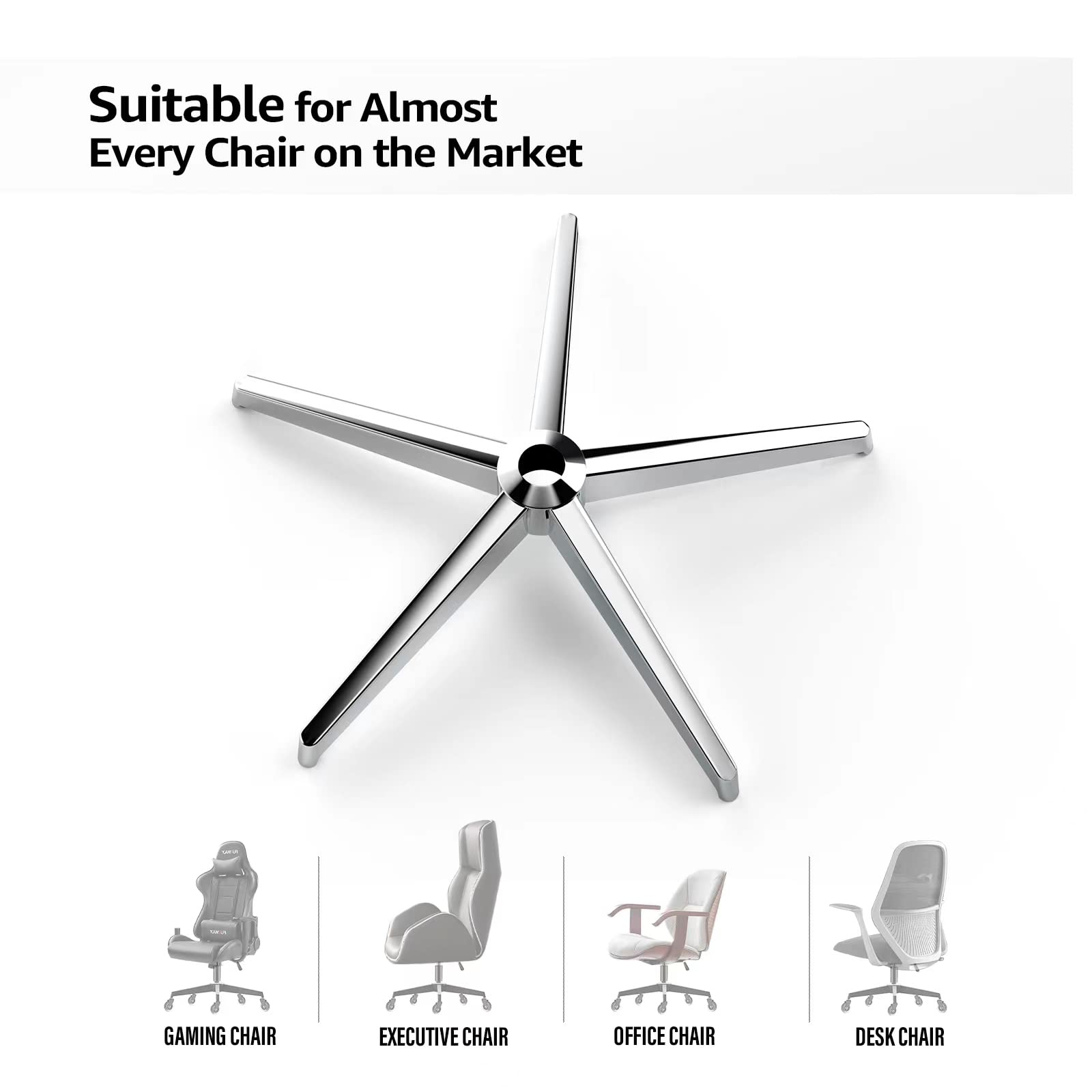 Sytopia Office Chair Base, 28'' Desk Chair Base Replacement with Reinforced Metal Legs (2300Lbs), Chair Bottom Part for Most Chairs, Universal Gas Cylinder and Caster Sockets, Sliver