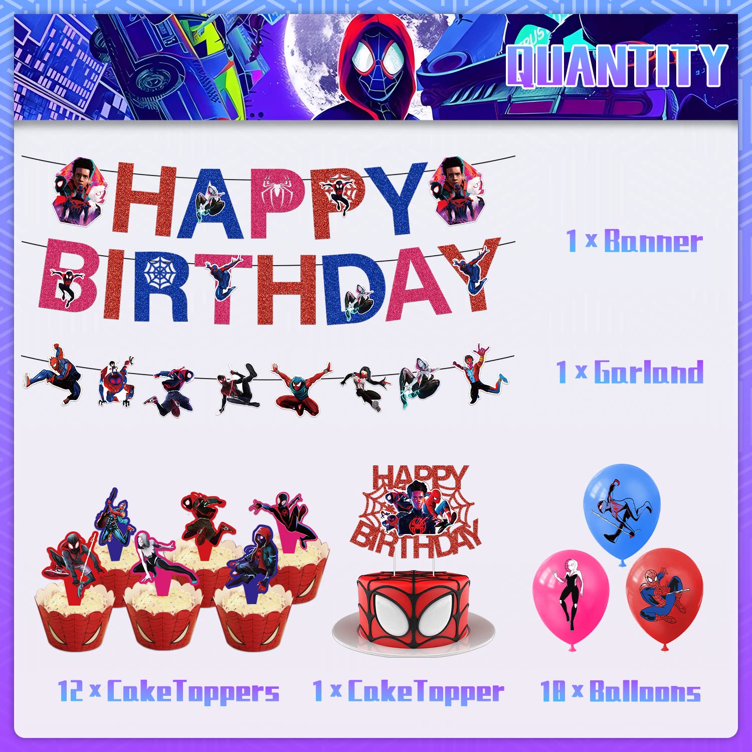 Spider Miles Party Supplies,Sparkling Cake Topper Birthday Cupcake Decoration Banner Backdrop Tablecloth Balloons Wrappers