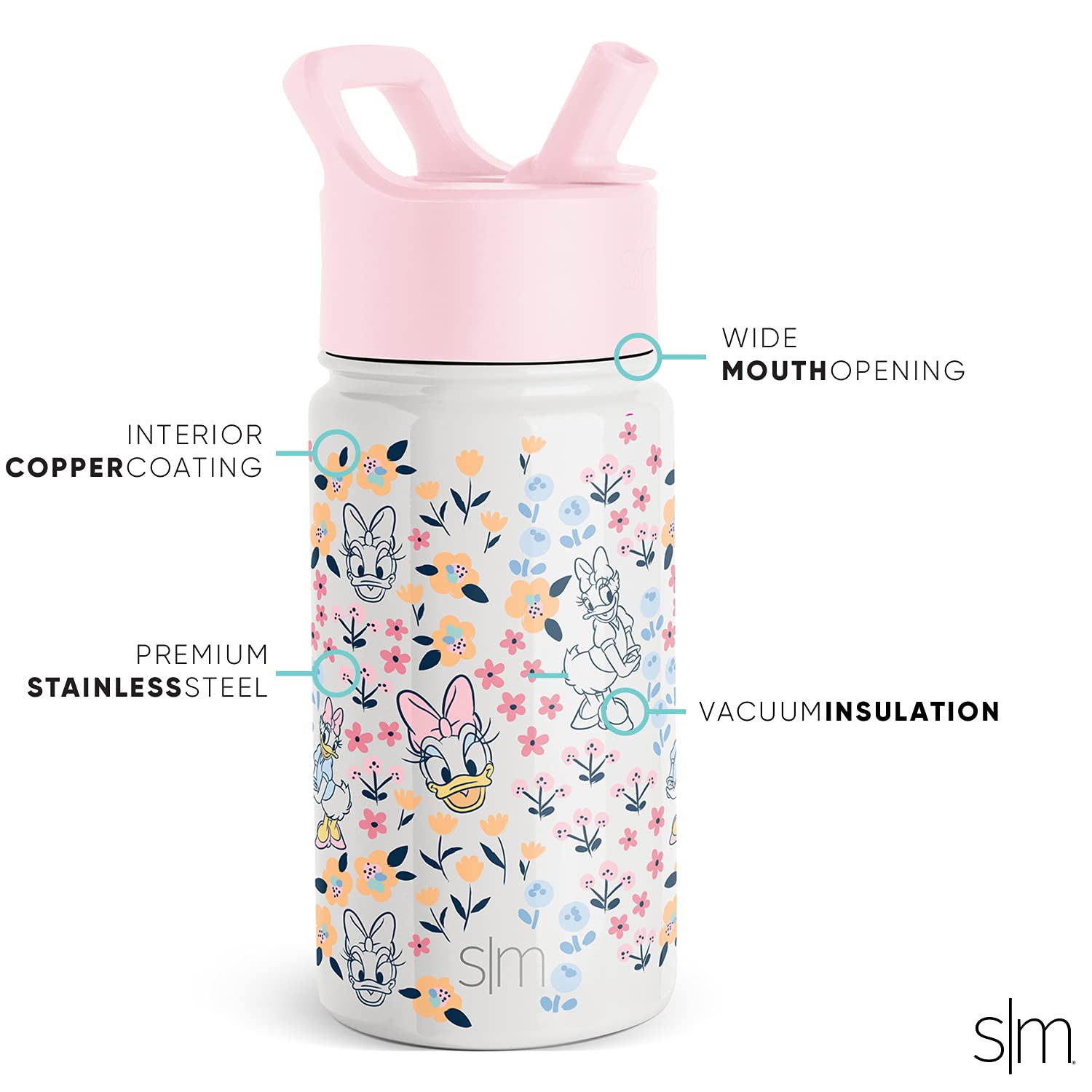 Simple Modern Disney Daisy Duck Kids Water Bottle with Straw Lid | Reusable Insulated Stainless Steel Cup for School | Summit Collection | 14oz, Daisy Duck Garden