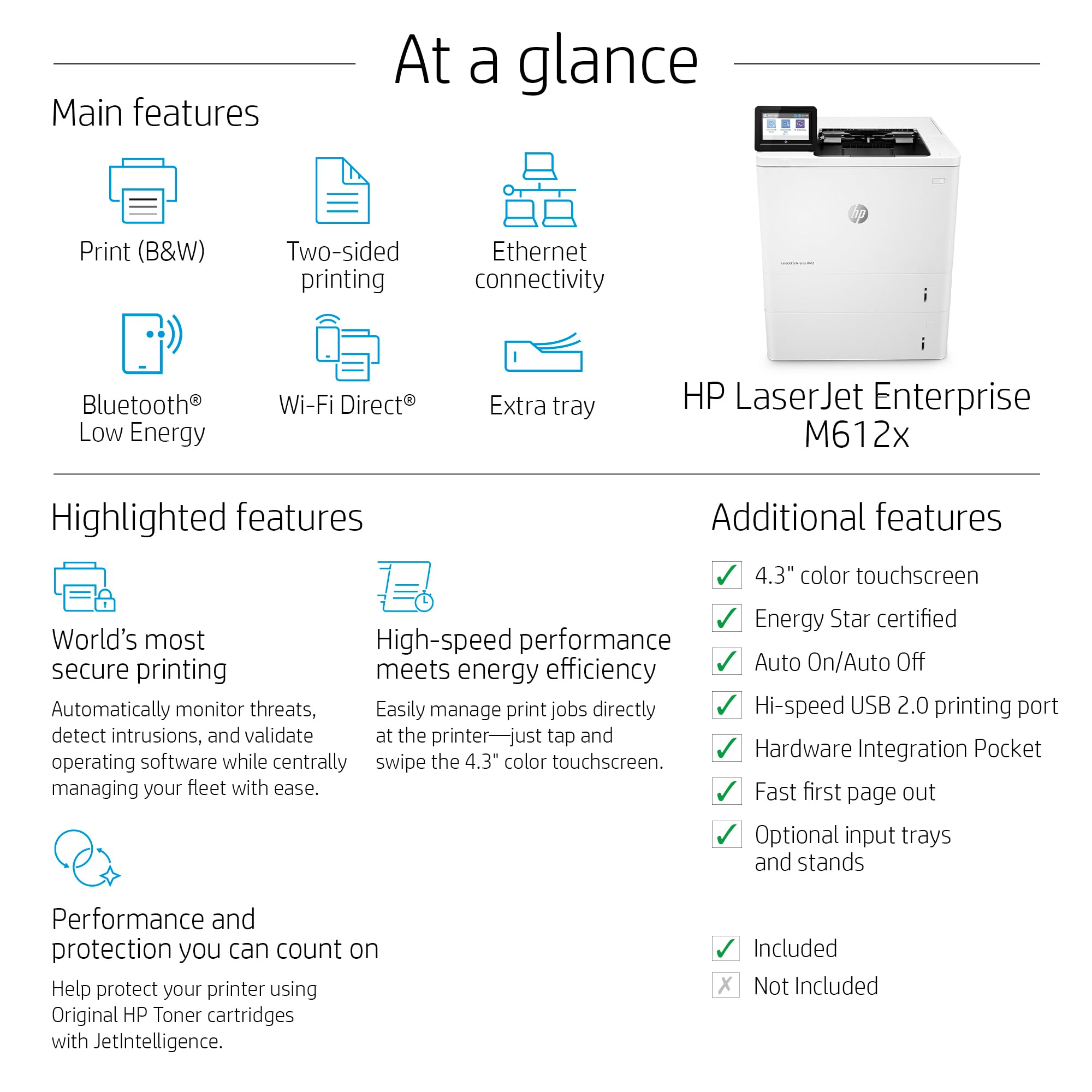 HP LaserJet Enterprise M612x Monochrome Printer with built-in Ethernet, 2-sided printing & extra paper tray (7PS87A), White