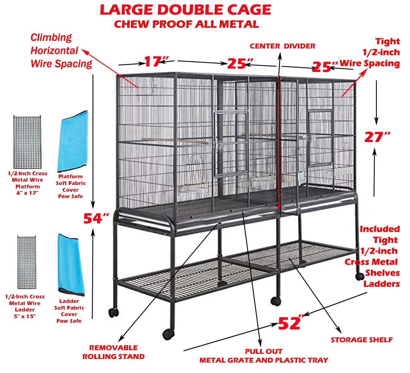 54" Large Double 3-Levels Small Animals Critters Wrought Iron Chew Proof Cage Center Slide Out Divider Tight 1/2-inch Bar Spacing Removable Rolling Stand Ferret Squirrel Chinchilla Rat Mouse