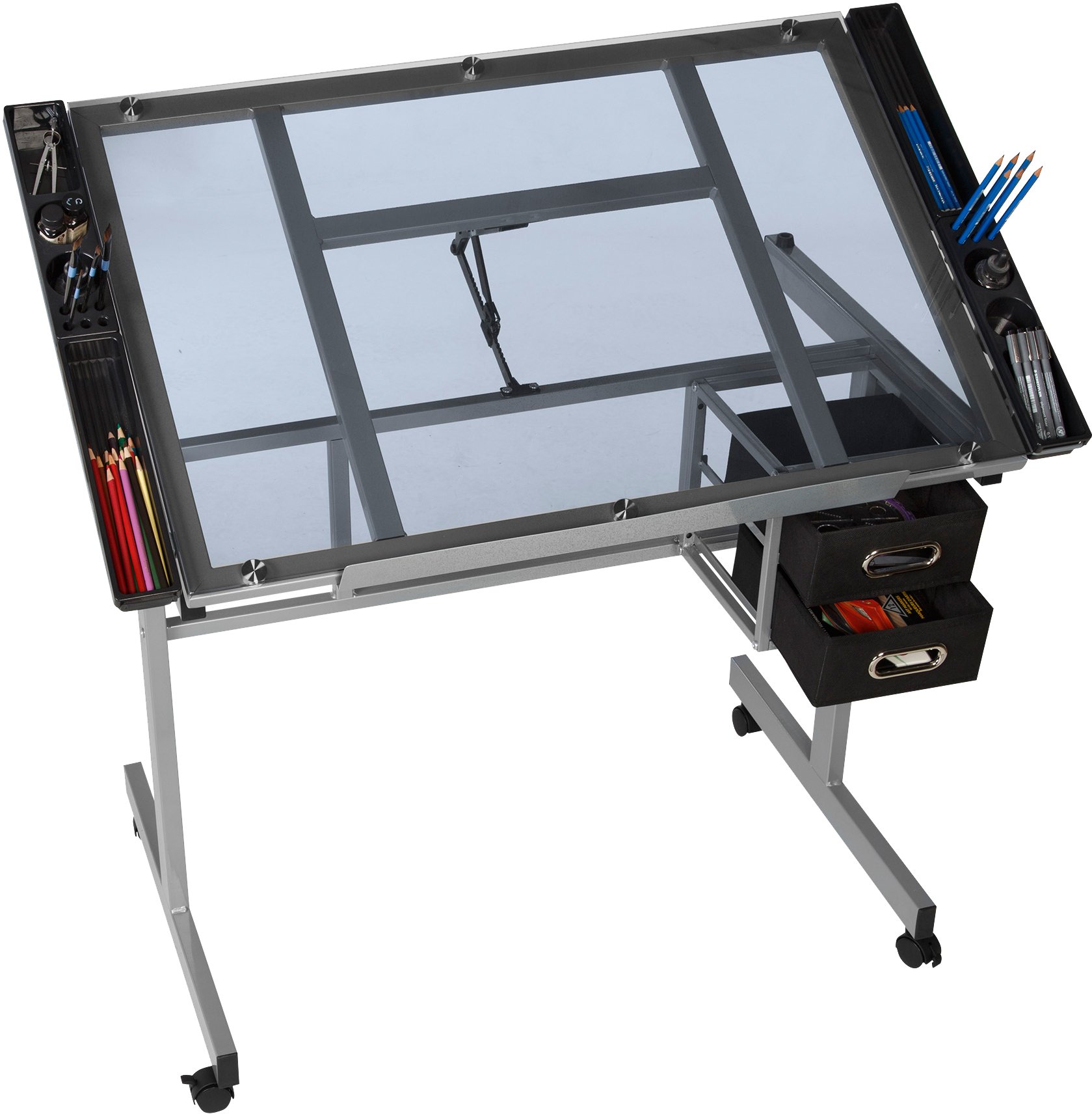 OneSpace Craft Station with Blue Glass Drafting, Silver