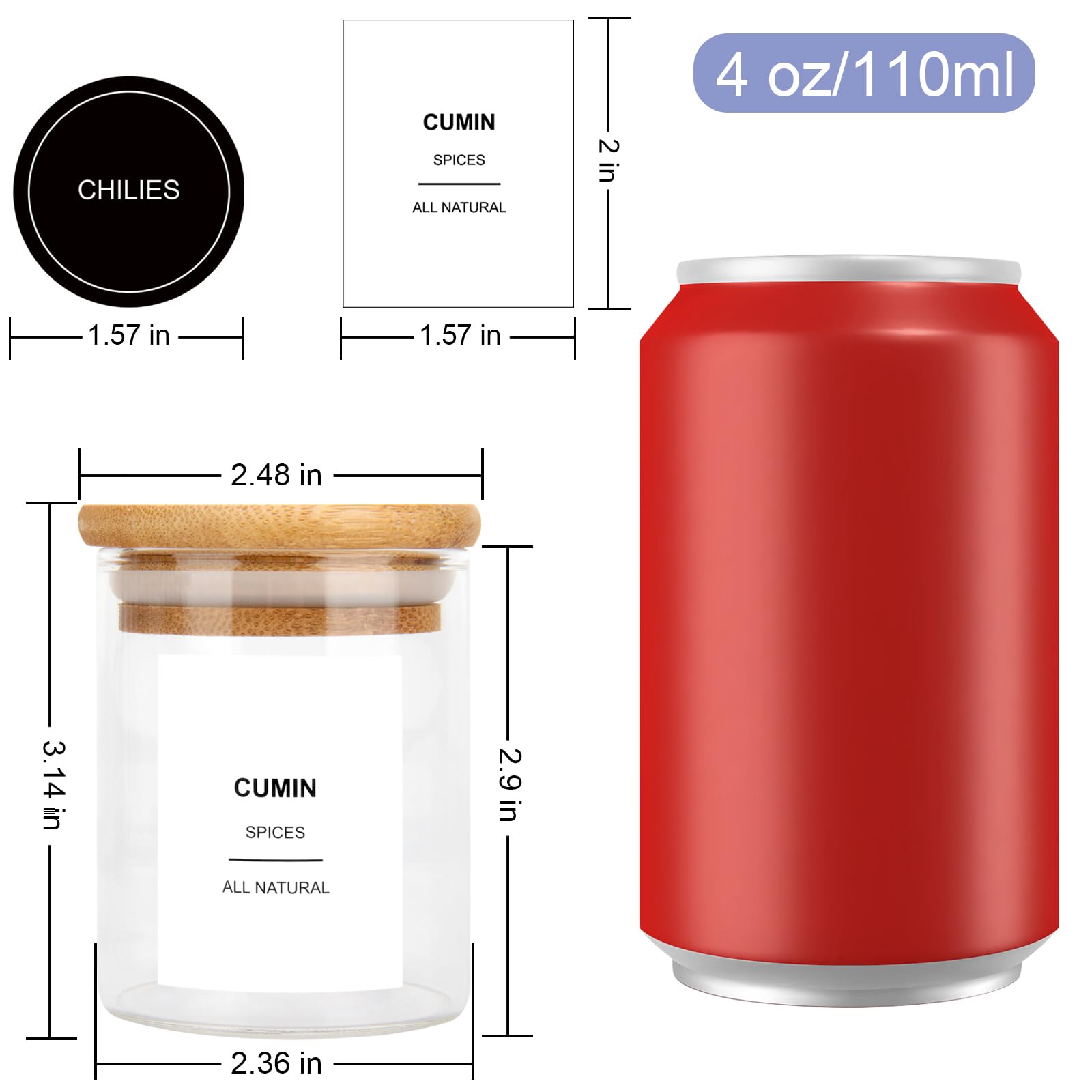 JuneHeart 4OZ Glass Spice Jars Set with Bamboo Lids and 194 Labels, 20 Pcs Clear Food Storage Containers for Pantry Kitchen Sugar Salt Coffee Tea Beans
