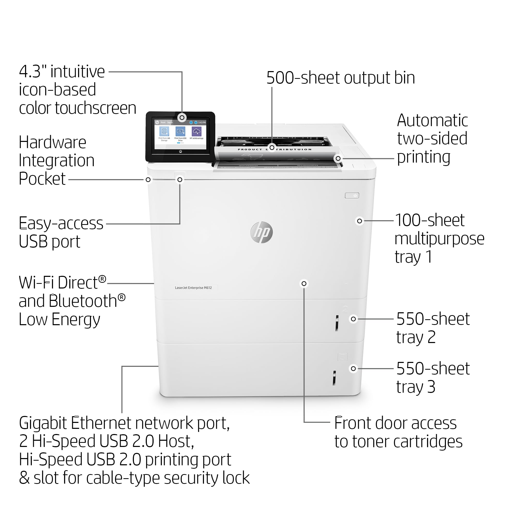 HP LaserJet Enterprise M612x Monochrome Printer with built-in Ethernet, 2-sided printing & extra paper tray (7PS87A), White