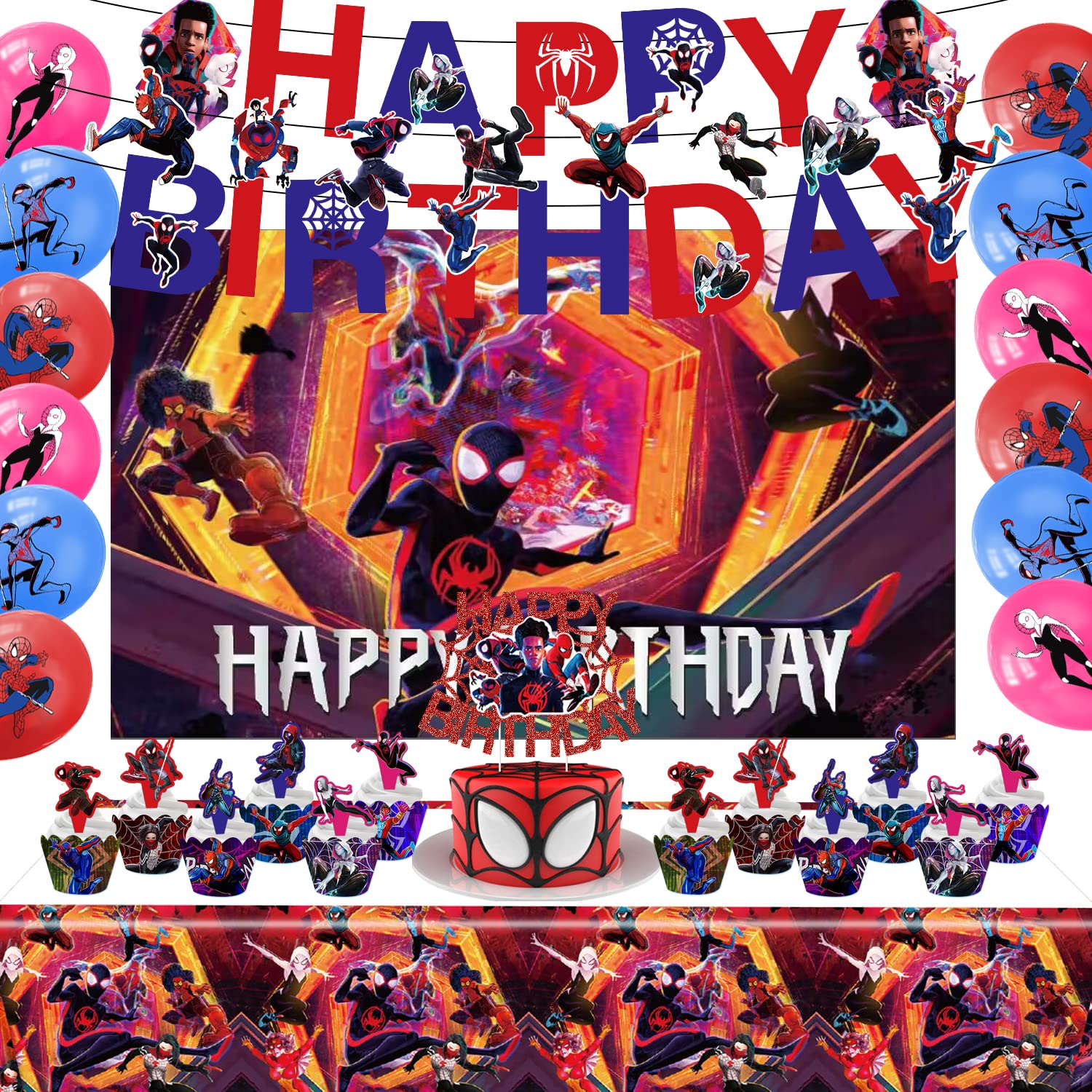 Spider Miles Party Supplies,Sparkling Cake Topper Birthday Cupcake Decoration Banner Backdrop Tablecloth Balloons Wrappers