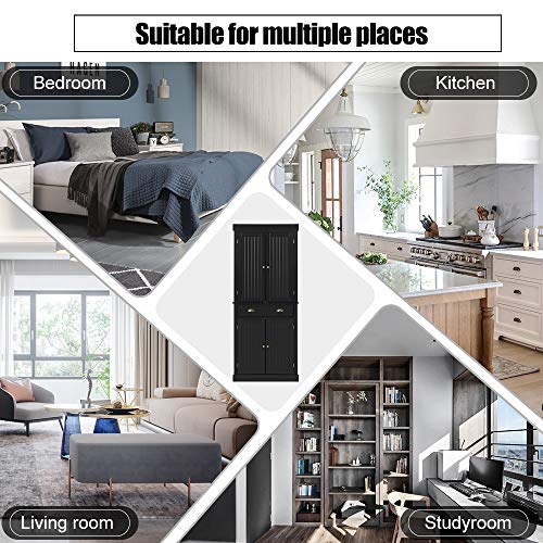 YOLENY Kitchen Pantry, 72” Freestanding Storage Cabinets with Doors and Shelves, Elegant Colonial Design Cabinet Cupboard with 3 Adjustable Shelves and 1 Storage Drawer,Black