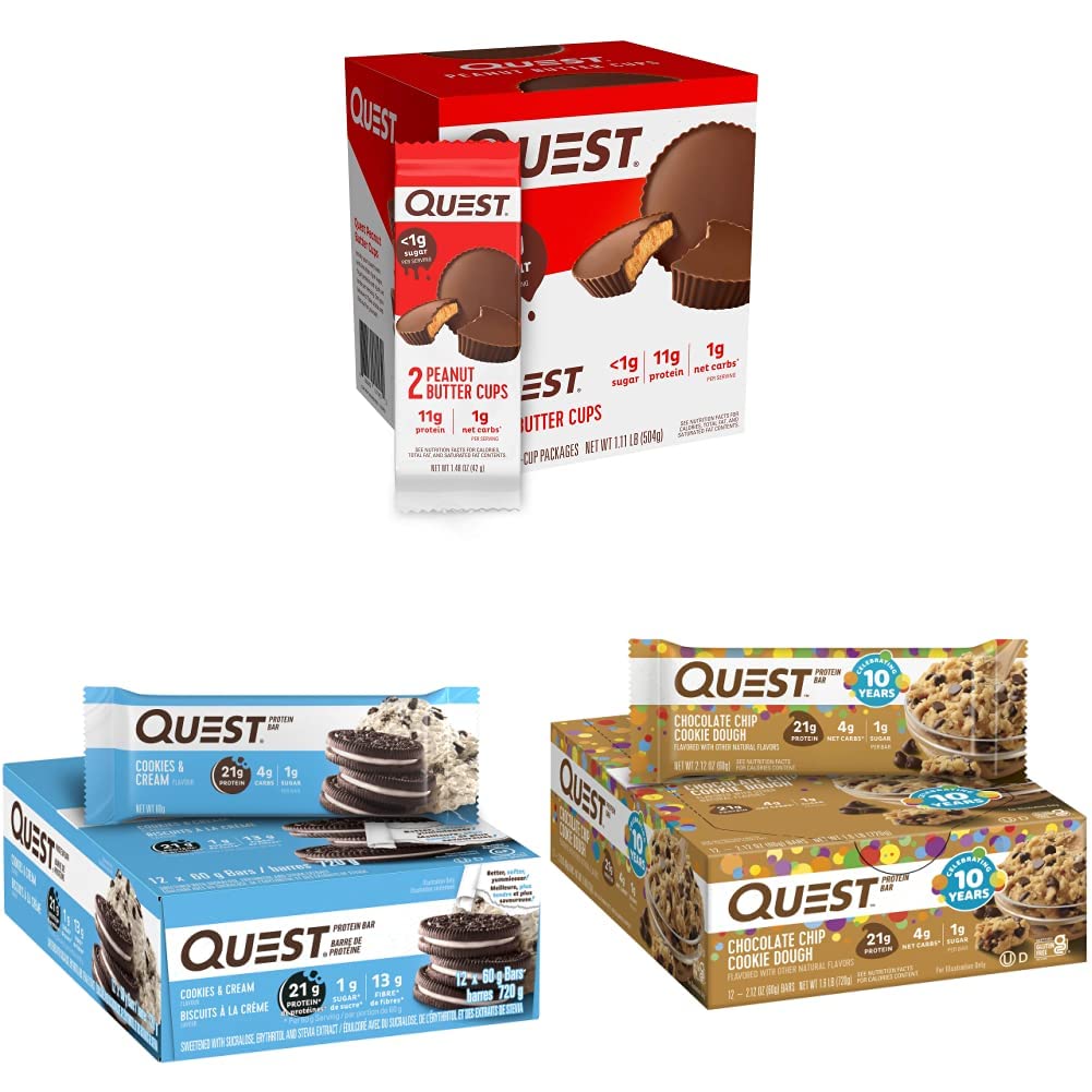 Quest Nutrition High Protein Low Carb, Peanut Butter Cups, 12 & Cookies & Cream Protein Bars, 12 Count & Chocolate Chip Cookie Dough Protein Bars, 12