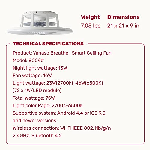 YANASO Ceiling Fan with Light Modern Bladeless Ceiling Fan with Remote Control Smart LED Dimmable Lighting Indoor Low Profile Ceiling Fan Flush Mount (Black)