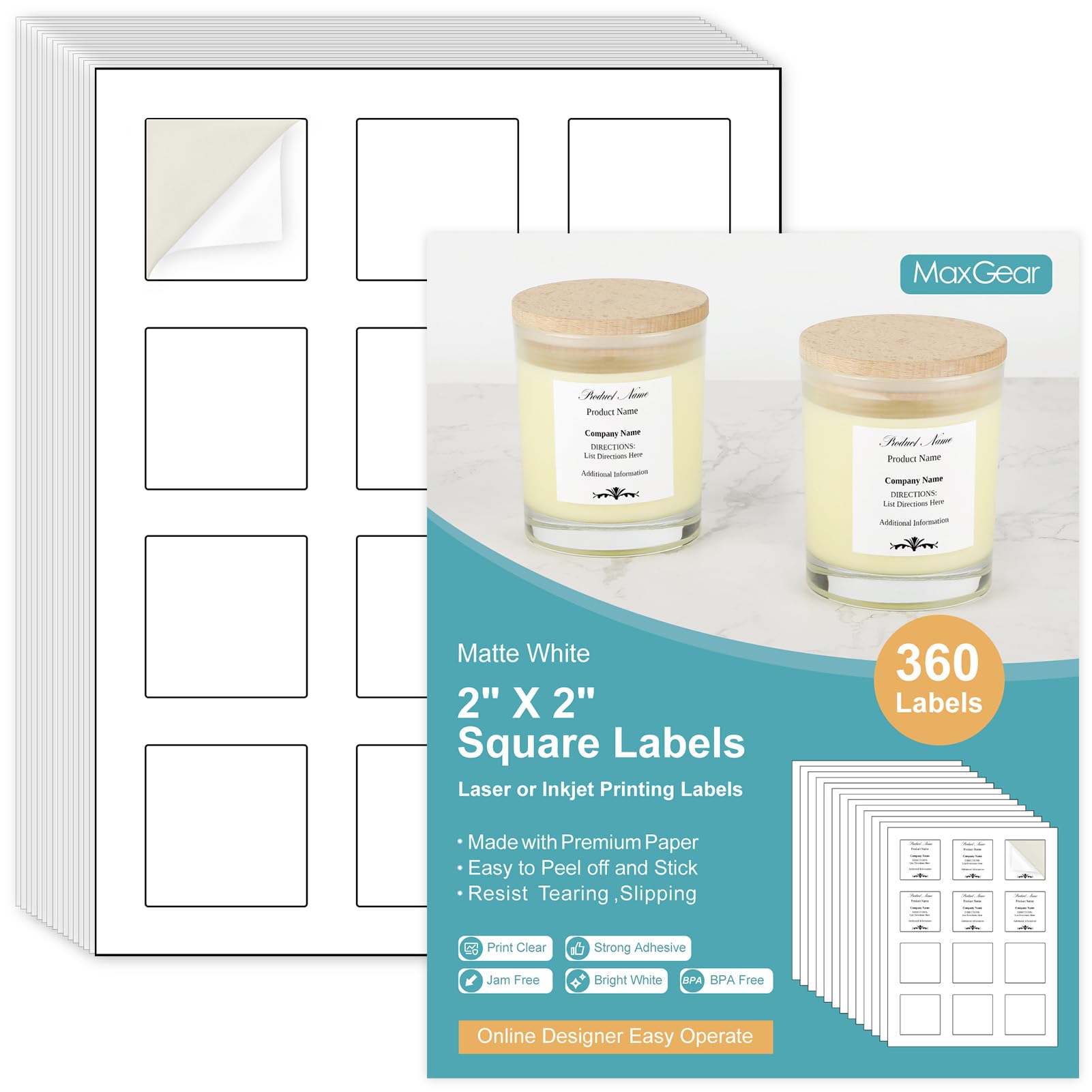 MaxGear 2" x 2" Square Labels, for Inkjet or Laser Printer, Matte White Printable Sticker Labels Sheets, Strong Adhesive, Dries Quickly, Holds Ink Well, 360 Labels