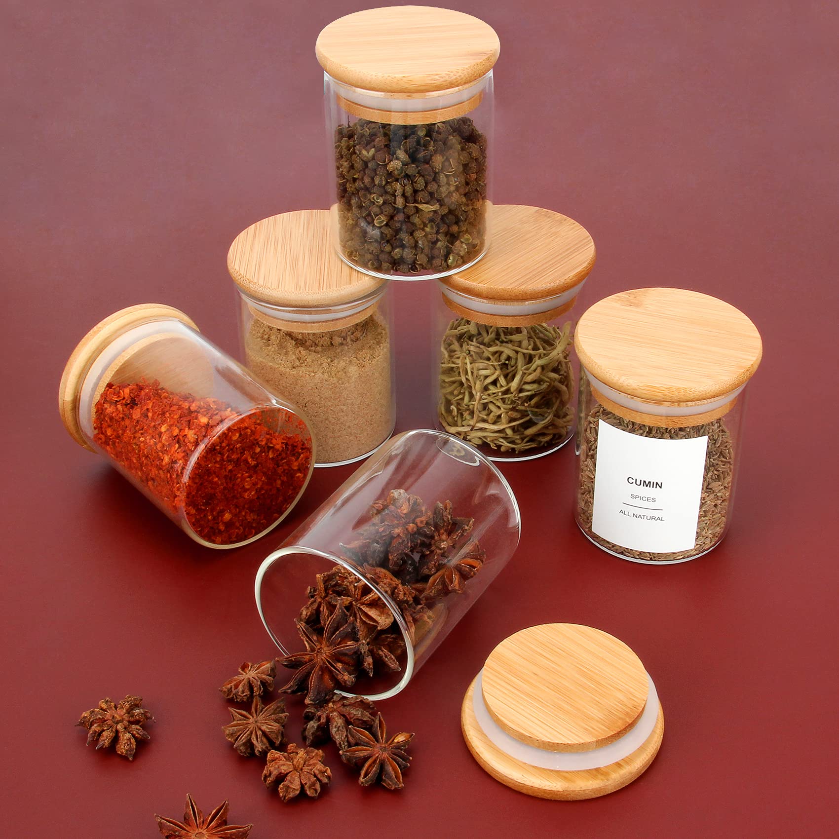 JuneHeart 4OZ Glass Spice Jars Set with Bamboo Lids and 194 Labels, 20 Pcs Clear Food Storage Containers for Pantry Kitchen Sugar Salt Coffee Tea Beans