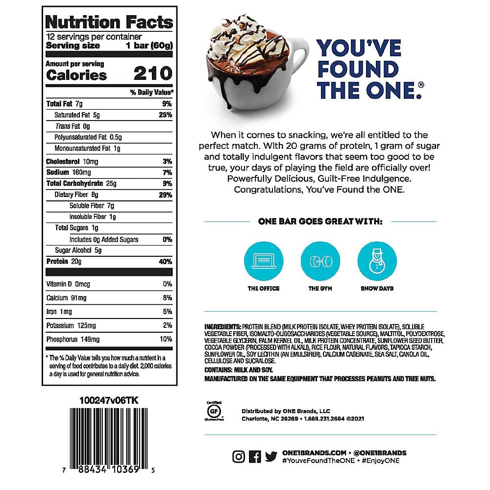 ONE Protein Bars, Marshmallow Hot Cocoa, Gluten Free Protein Bars with 20g Protein and only 1g Sugar, Guilt-Free Snacking for High Protein Diets, 2.12 oz (12 Count)