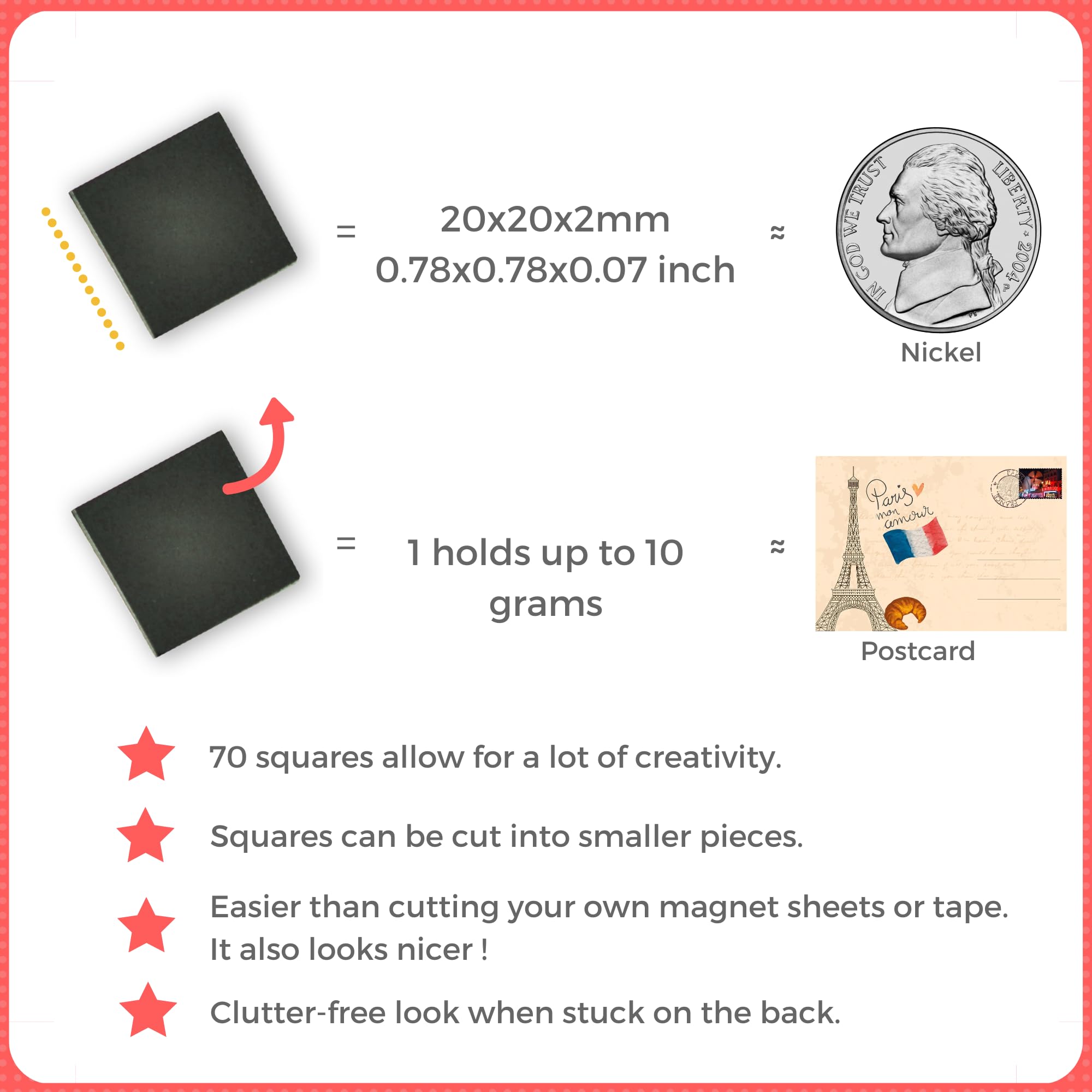 Magnefic Magnetic Squares, 1 Tape Sheet of 70 Magnetic Squares (Each 20x20x2mm), Magnet on one Side, Self Adhesive on The Other Side. Perfect for Fridge Organisation, Art Project, Vision Board