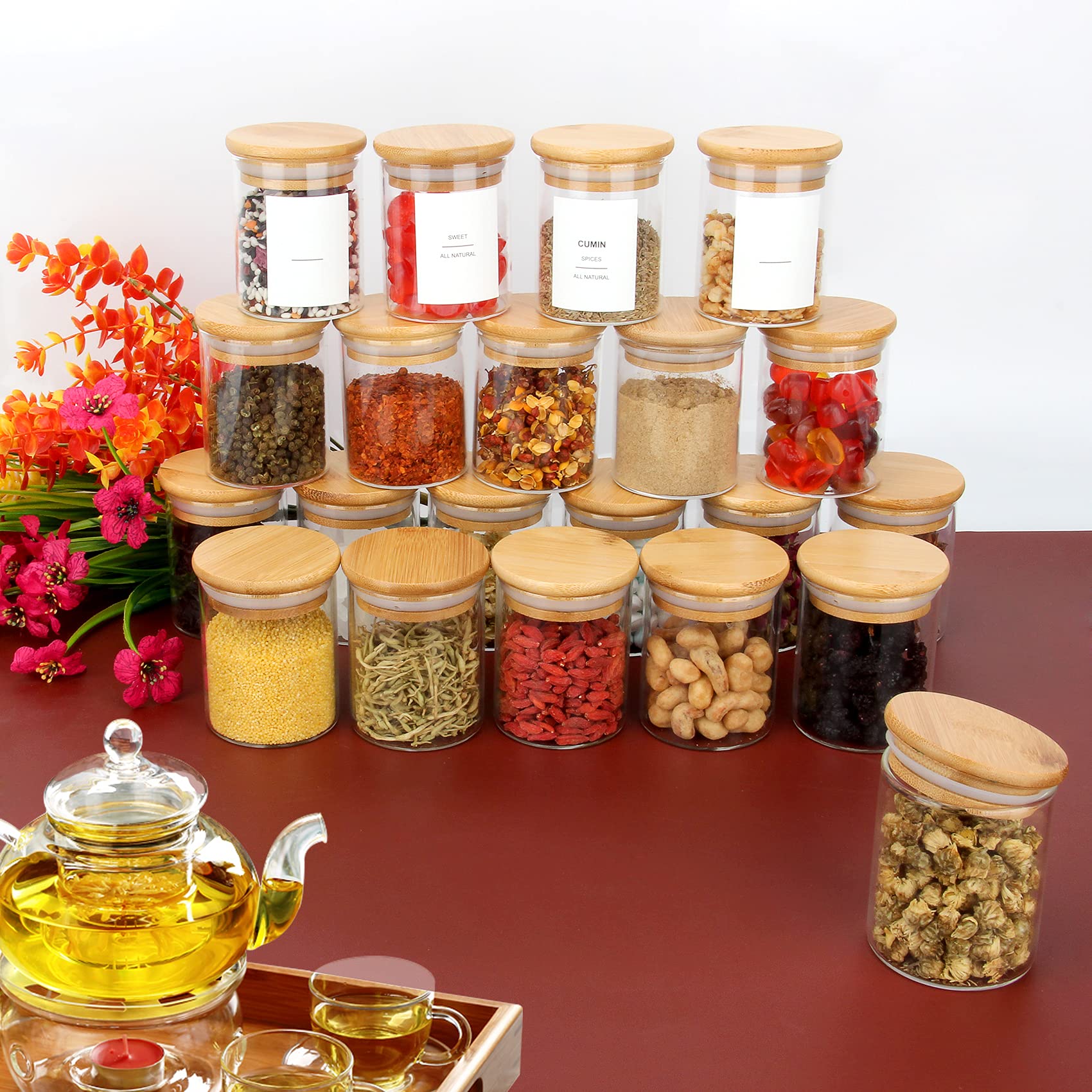 JuneHeart 4OZ Glass Spice Jars Set with Bamboo Lids and 194 Labels, 20 Pcs Clear Food Storage Containers for Pantry Kitchen Sugar Salt Coffee Tea Beans