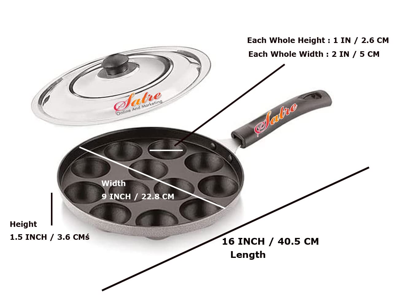 Satre Online And Marketing Non Stick Appam Pan 12 Pits with Steel Lid, Appam Maker,Appa Chetty Paniyaram Pan Patra,Egg Grill Pan.