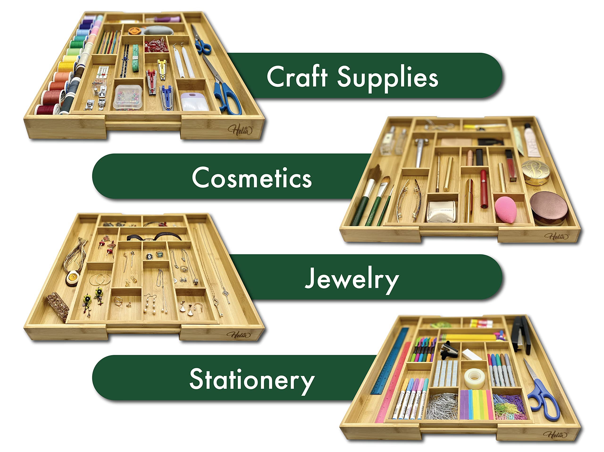 HELIA Bamboo Expandable Drawer Organizer with Movable Dividers | Solid Bamboo Drawer Organizer and Kitchen Utensil Holder for Flatware and Cutlery | Bamboo Utensil Organizer for Kitchen Drawers