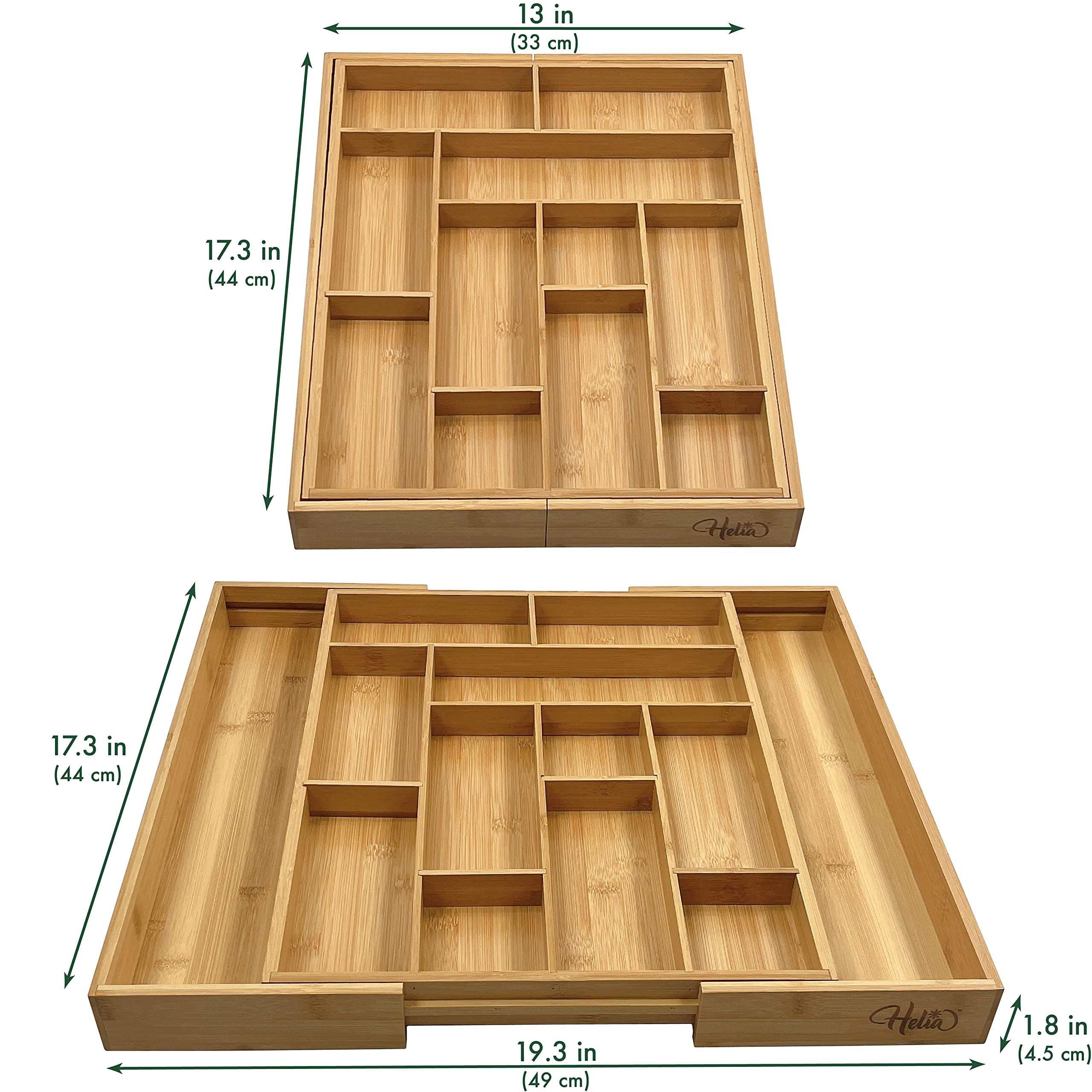 HELIA Bamboo Expandable Drawer Organizer with Movable Dividers | Solid Bamboo Drawer Organizer and Kitchen Utensil Holder for Flatware and Cutlery | Bamboo Utensil Organizer for Kitchen Drawers