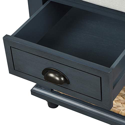 SOFTSEA Organizer Storage Bench Entryway Bench with 3 Drawers, 3 Rattan Baskets and Removable Cushion for Entryway, Hallway, Living Room, Home Collection Fully Assemble Storage Bench(Antique Navy)