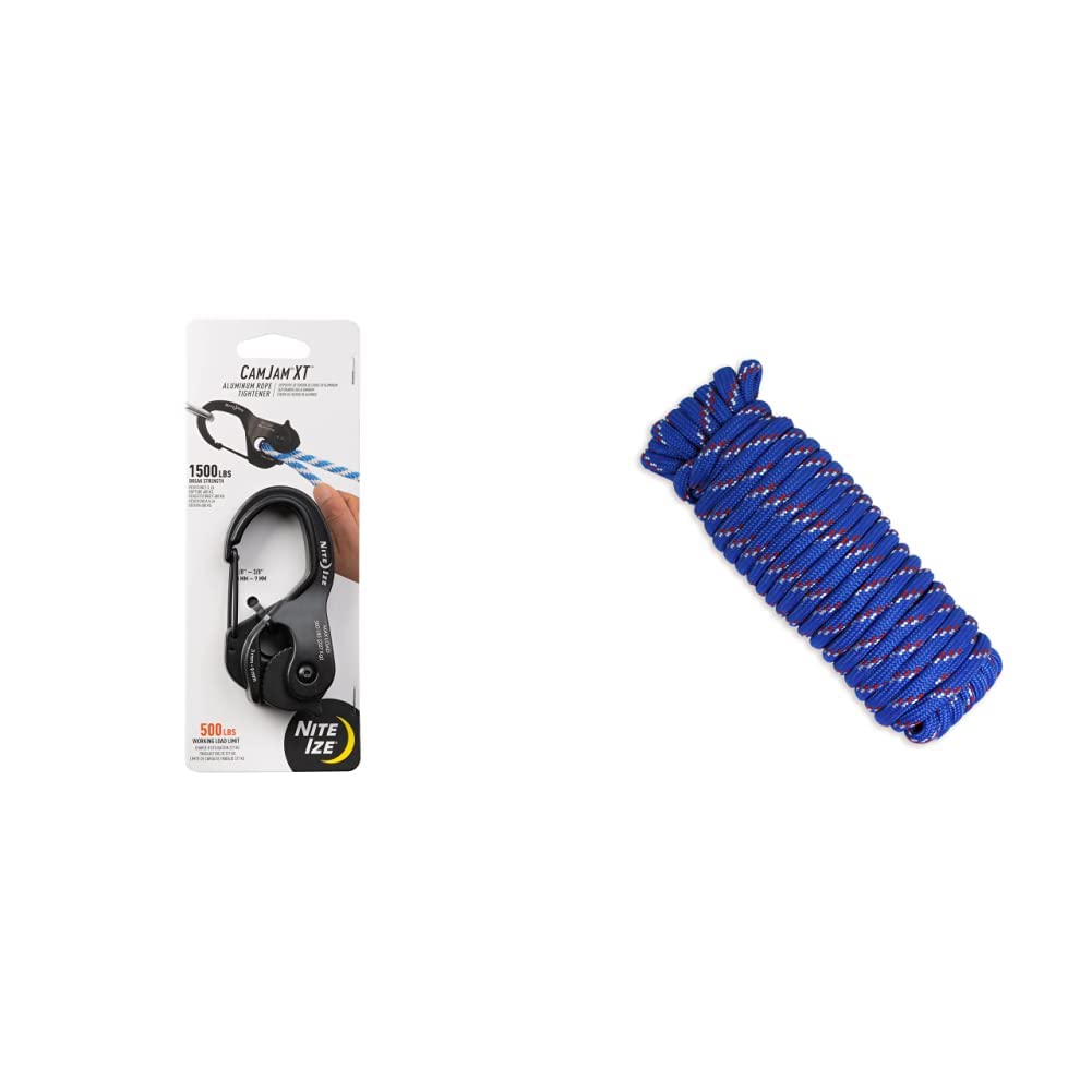 Nite Ize CamJam XT Aluminum Rope Tightener & MaxxHaul 50227 3/8" x 50 Ft Diamond Braided Rope Extra Strength-Sunlight and Weather Resistant, Multicolor, Foot