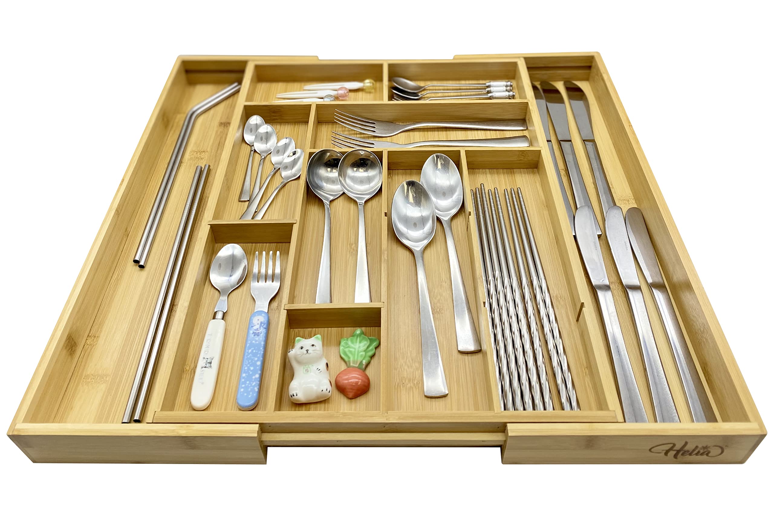 HELIA Bamboo Expandable Drawer Organizer with Movable Dividers | Solid Bamboo Drawer Organizer and Kitchen Utensil Holder for Flatware and Cutlery | Bamboo Utensil Organizer for Kitchen Drawers