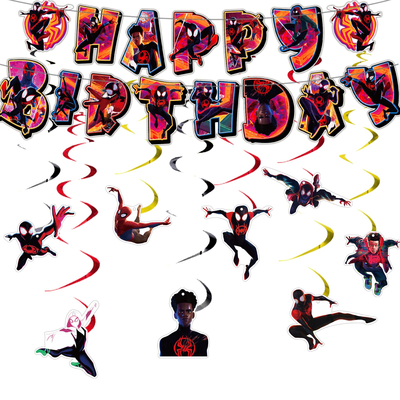 Spider Miles Birthday Decorations Spider Miles Party Swirl Hanging Swirls Whirl Streamers with Banner Party Decor for Boys Kids Girls Across Spider-Verse Party Decorations