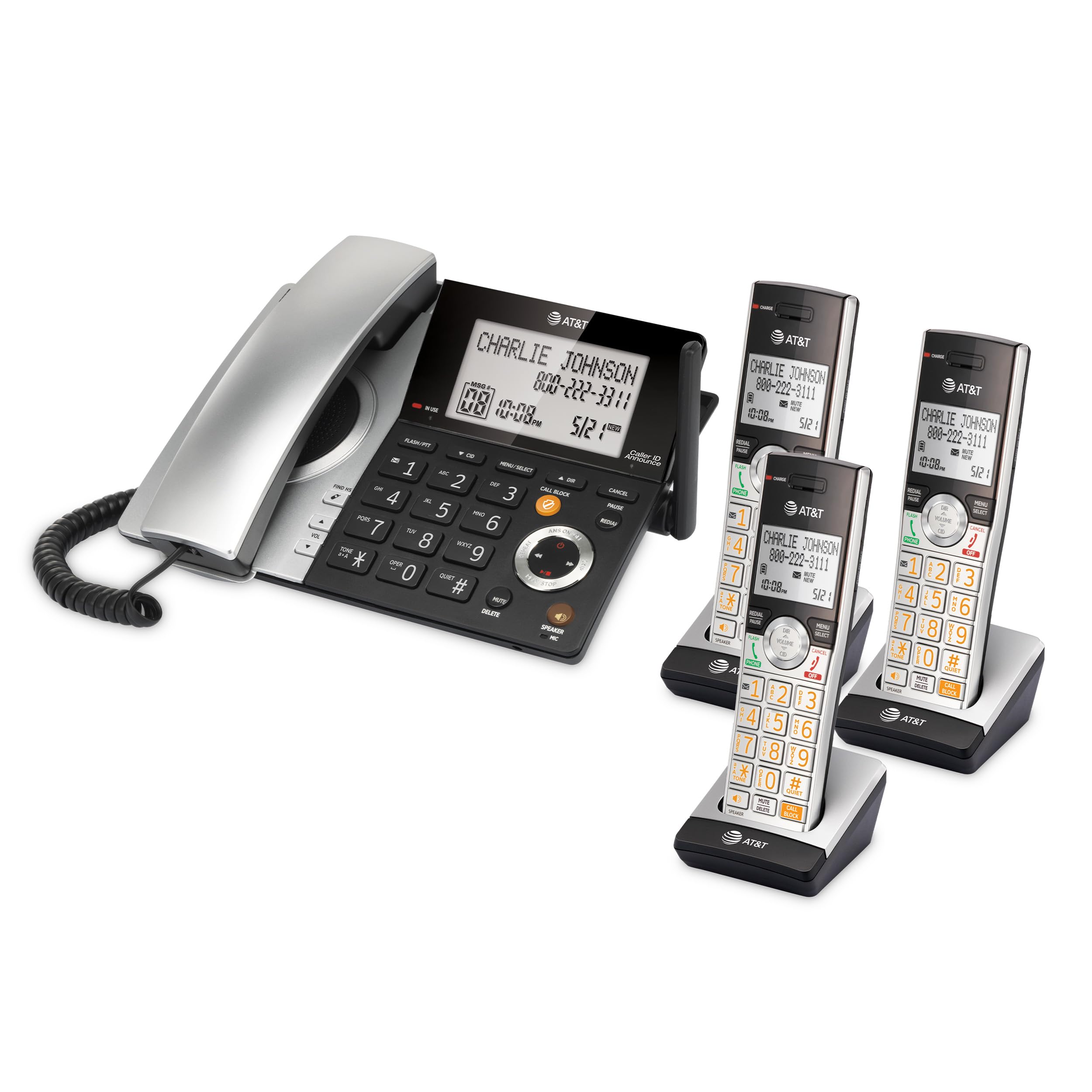 AT&T CL84307 Dect 6.0 Expandable Corded/Cordless Phone with Smart Call Blocker, Silver/Black with 3 Handsets