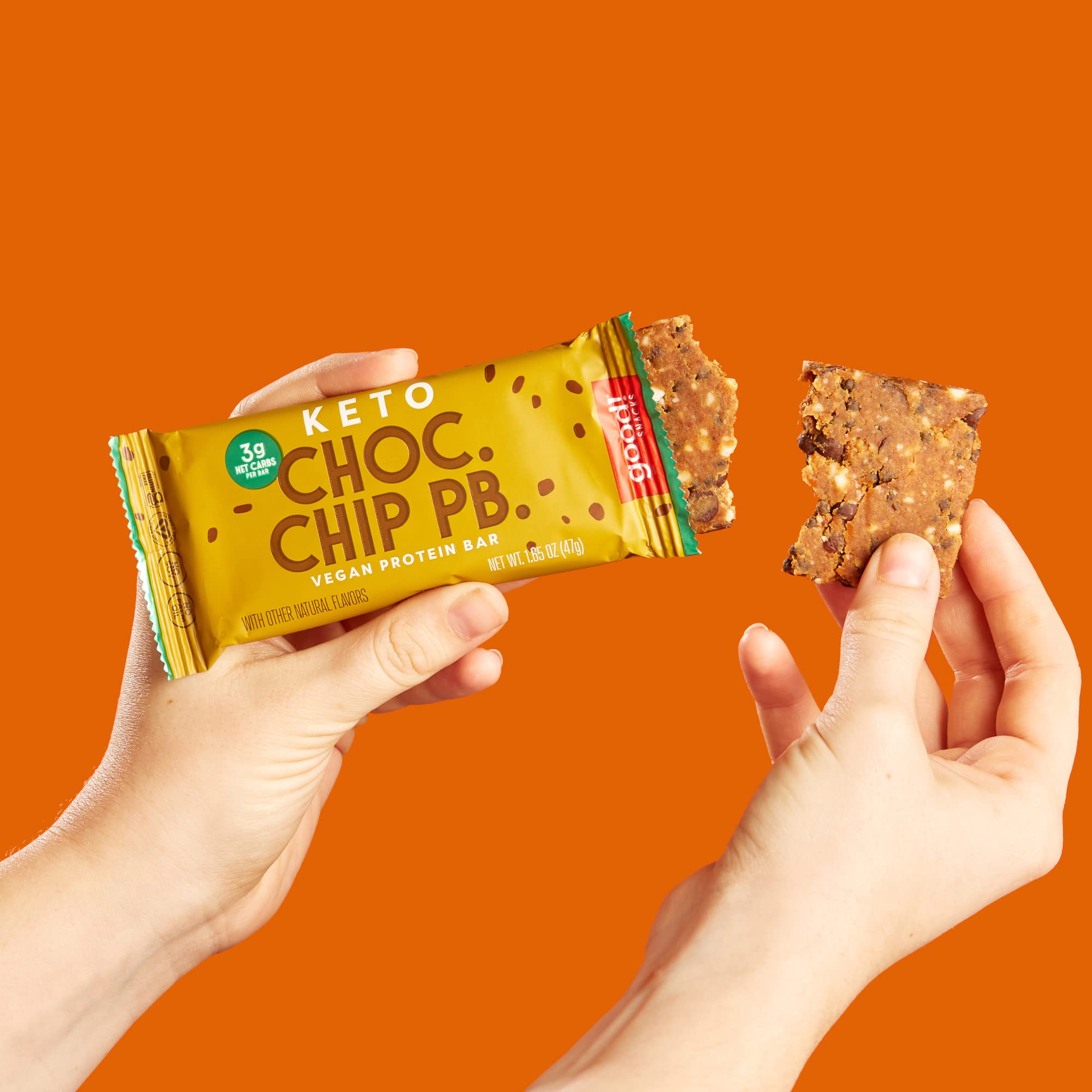 good! Snacks Keto Vegan Protein Bars, Chocolate Chip Peanut Butter, Gluten Free Keto Snack Bar, Low Carb, Low Sugar Meal Replacement, High Protein Healthy Snacks, 11g Protein, 3g Net Carbs, 12 Bars