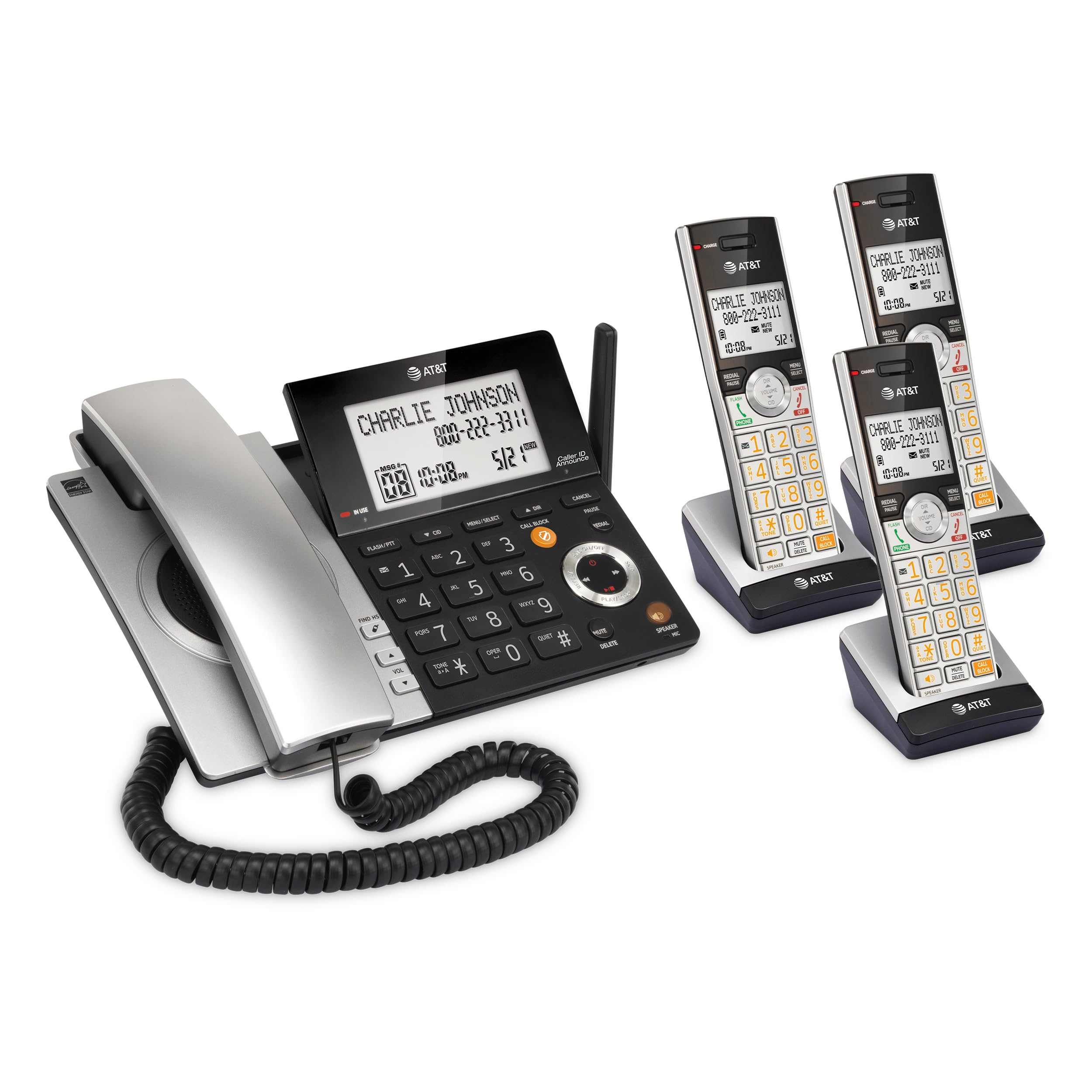AT&T CL84307 Dect 6.0 Expandable Corded/Cordless Phone with Smart Call Blocker, Silver/Black with 3 Handsets